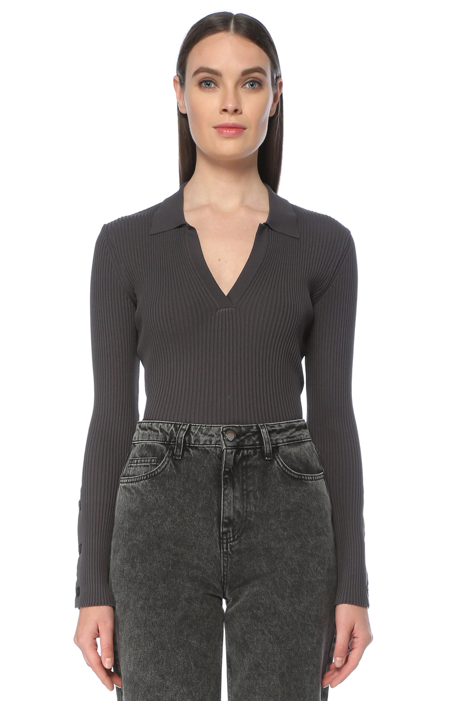 Slim Fit Antrasit Çizgi Dokulu Kazak