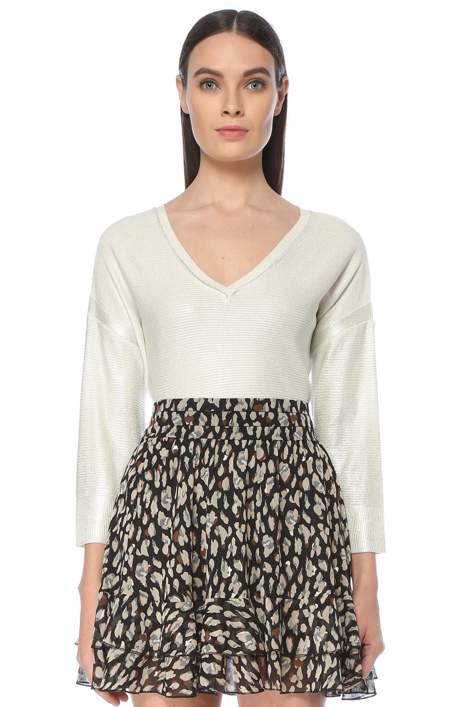 Ekru V Yaka Düşük Kol Kazak