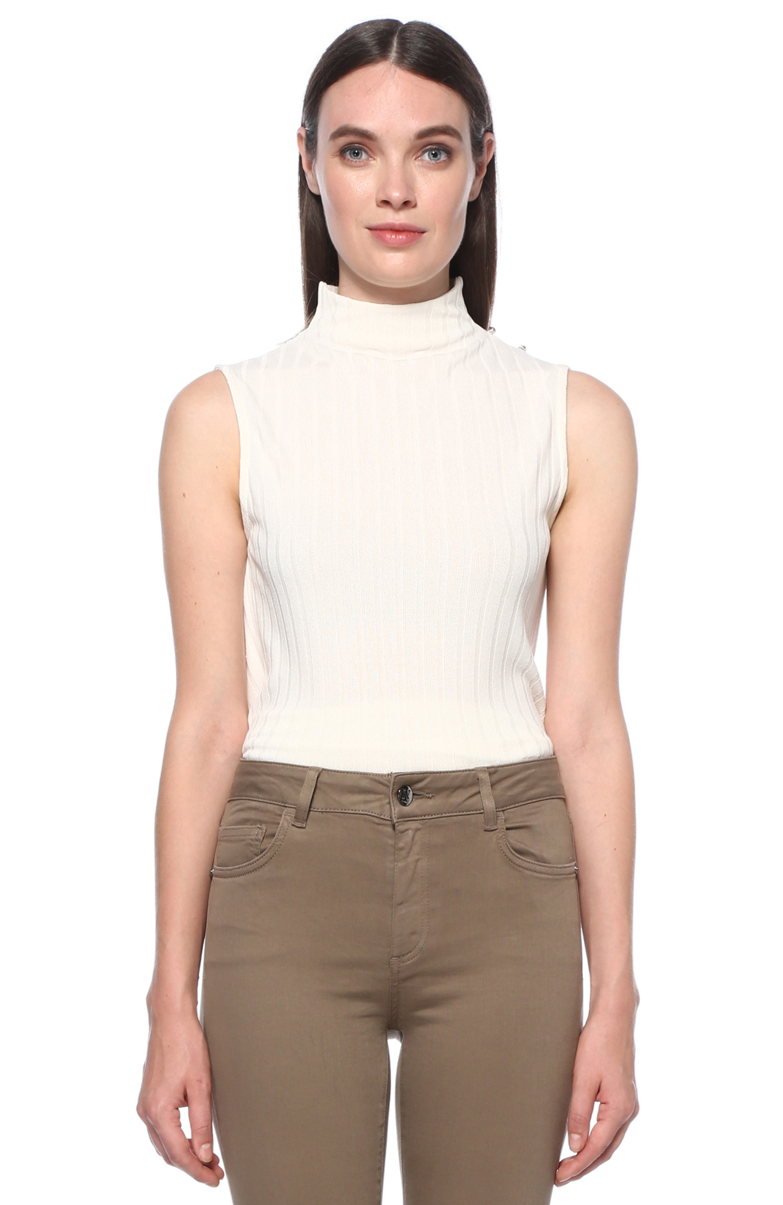 Ekru Dik Yaka Çizgi Dokulu Triko