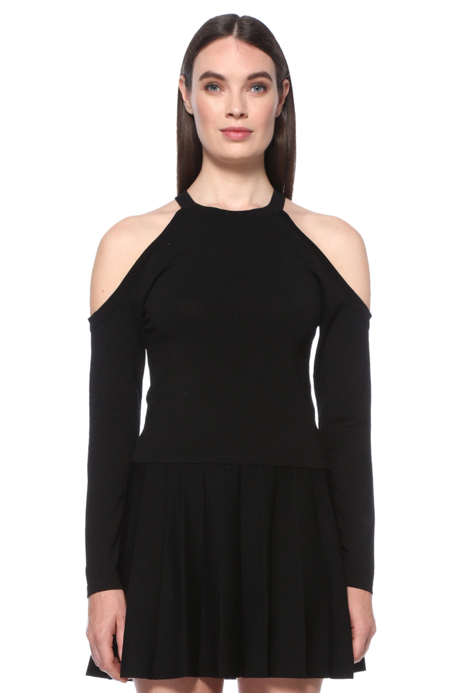 Slim Fit Siyah Omuz Dekolteli Kazak