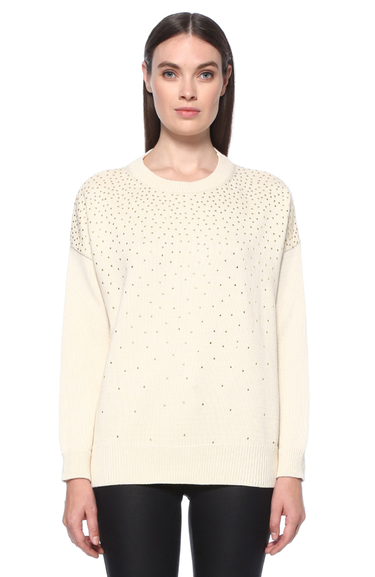 Regular Fit Krem Taş Baskılı Kazak