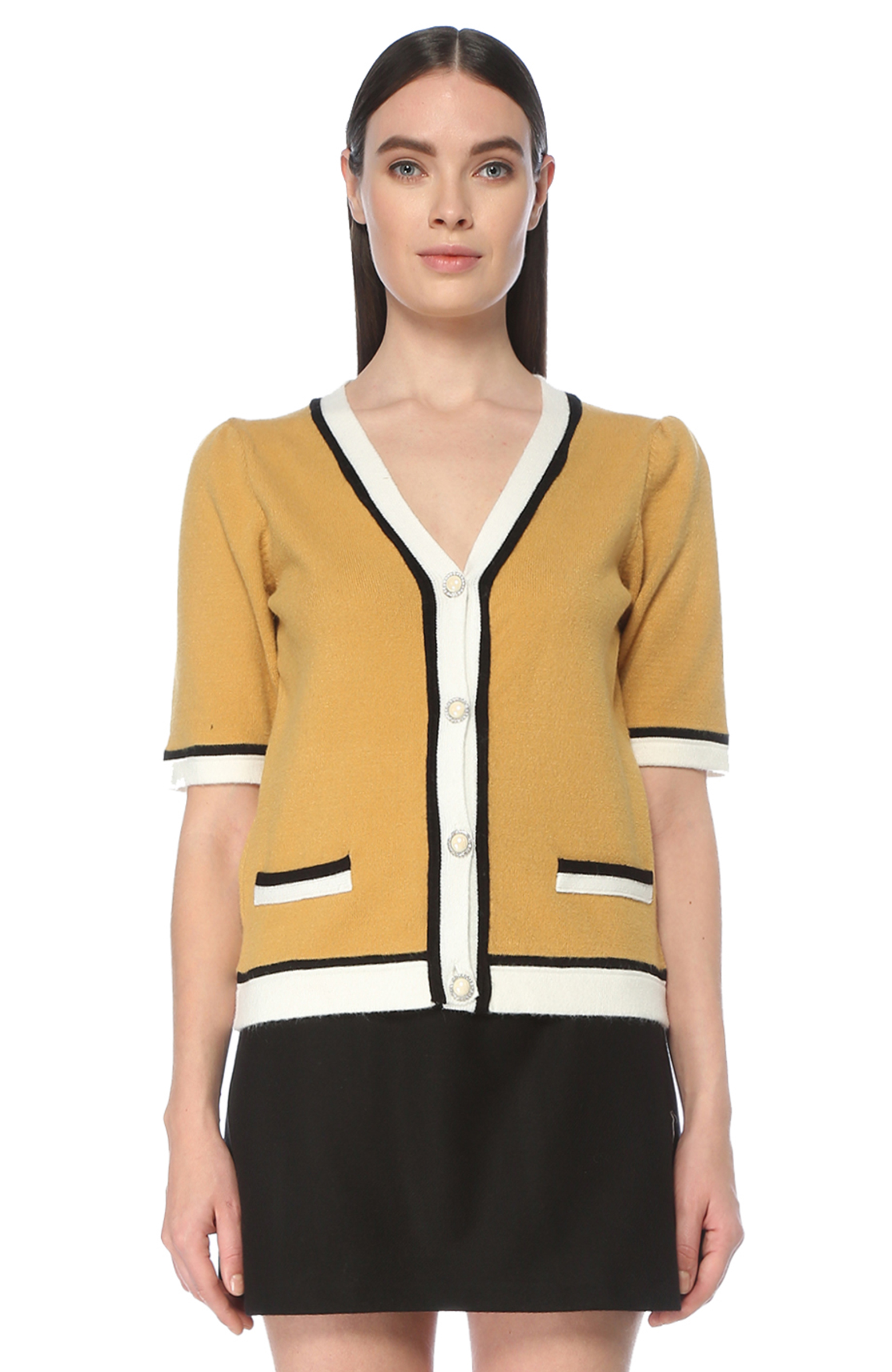 Slim Fit Sarı V Yaka Şeritli Hırka Slim Fit Sarı V Yaka Şeritli Hırka
