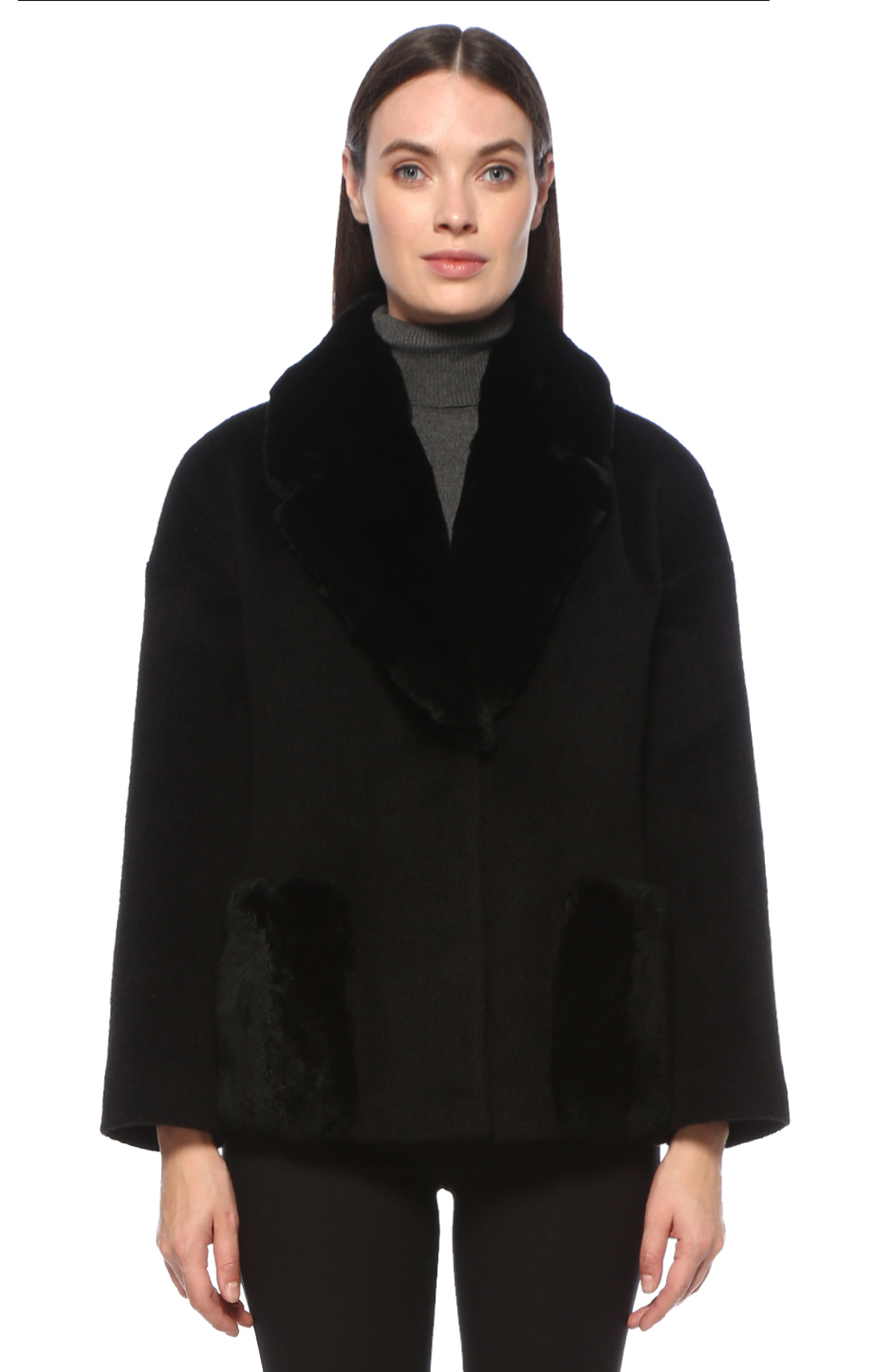 Siyah Şal Yaka Kısa Yün Kaban