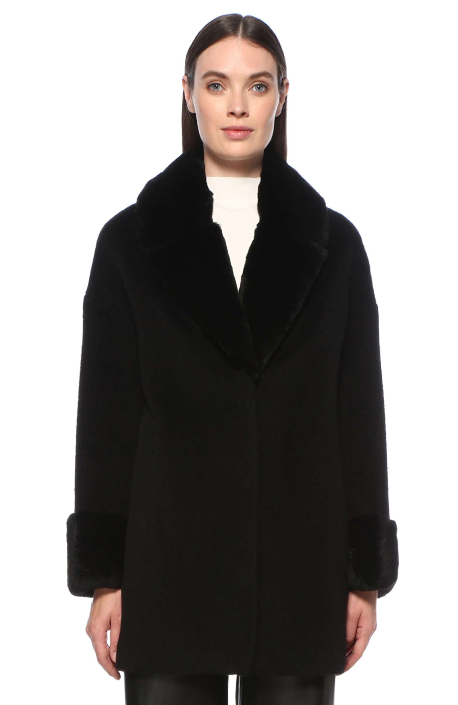 Regular Fit Siyah Kelebek Yaka Yün Palto