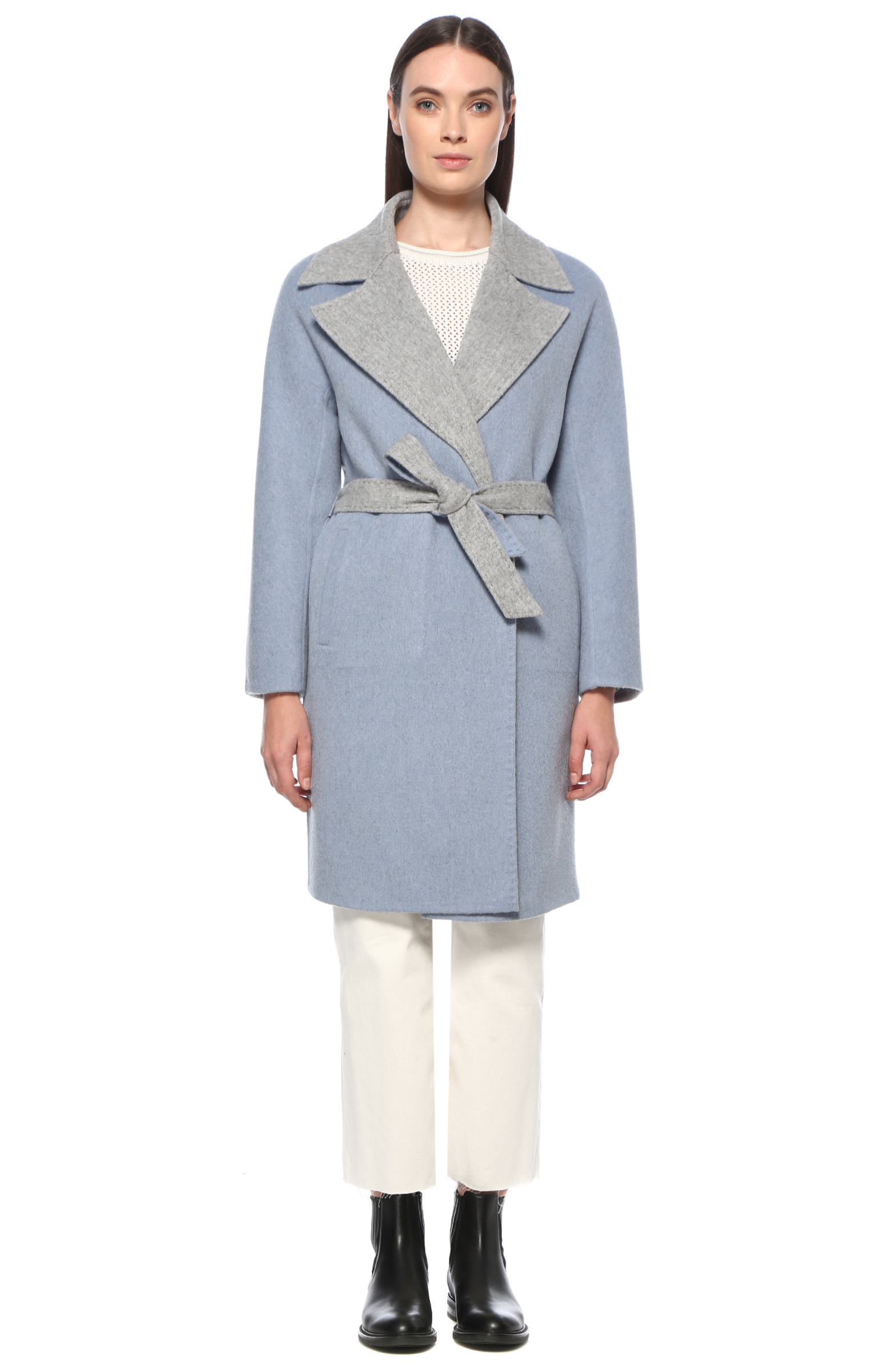 Regular Fit Mavi Gri Çift Taraflı Yün Kaban