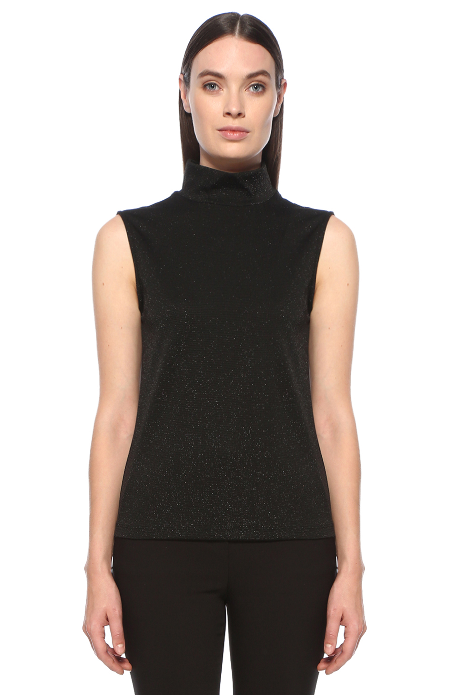 Slim Fit Siyah Balıkçı Yaka Sim Dokulu Kolsuz Bluz Slim Fit Siyah Balıkçı Yaka Sim Dokulu Kolsuz Bluz