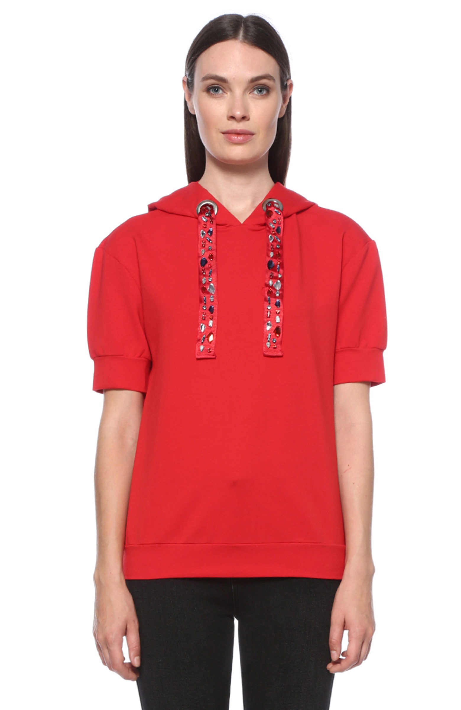 Kırmızı Kapüşonlu Taş İşlemeli Sweatshirt