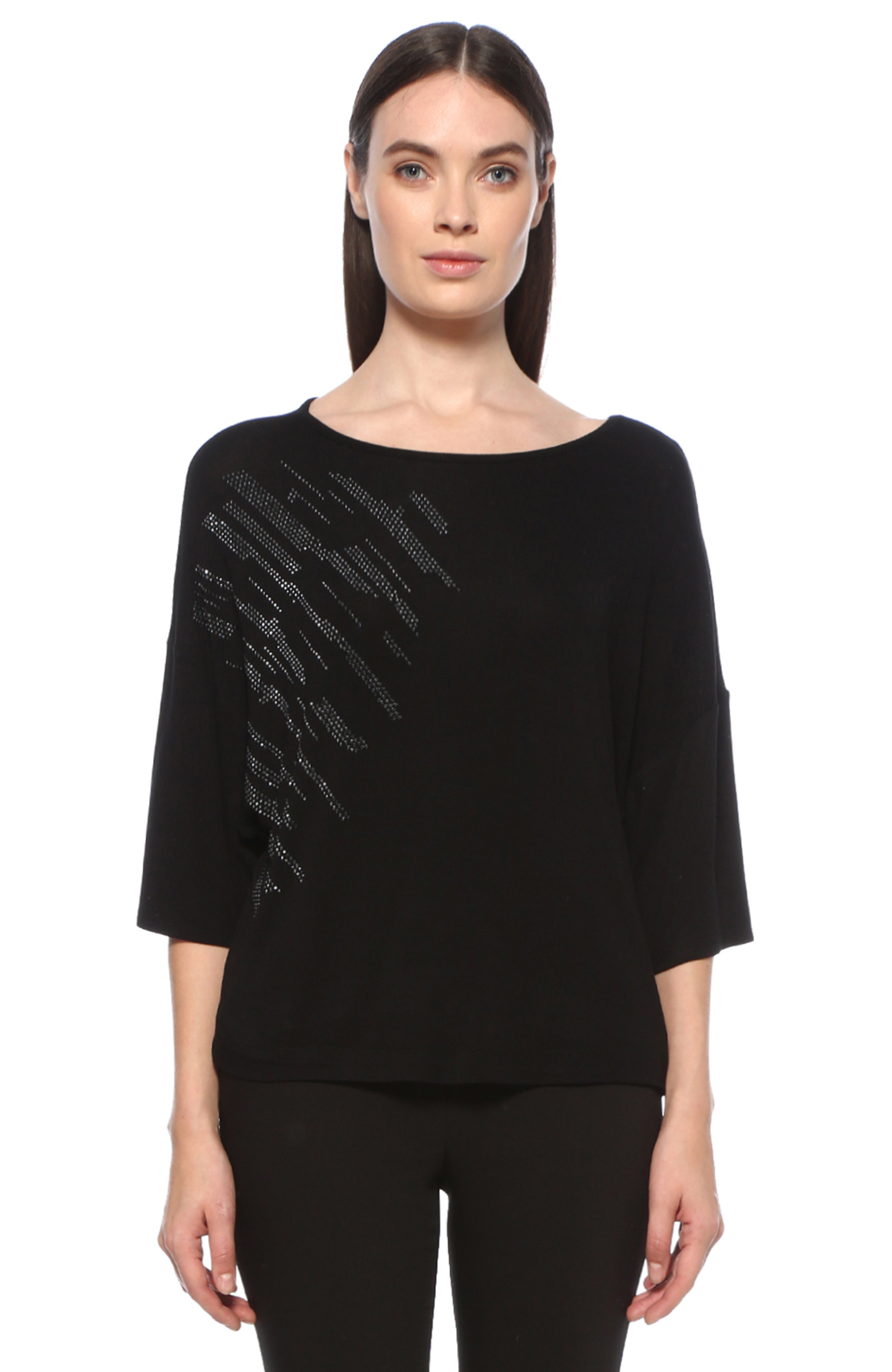 Siyah Kayık Yaka Trok İşlemeli Sweatshirt Siyah Kayık Yaka Trok İşlemeli Sweatshirt