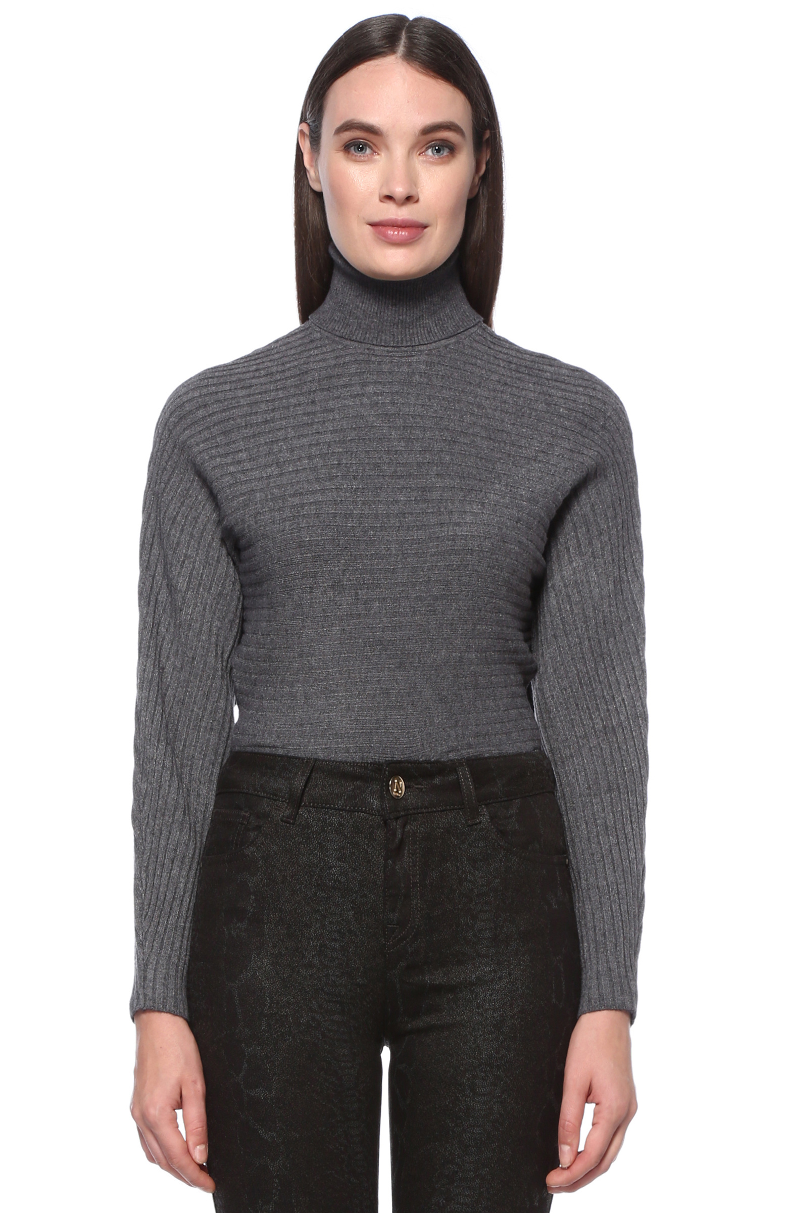 Slim Fit Gri Balıkçı Yaka Ribli Kazak