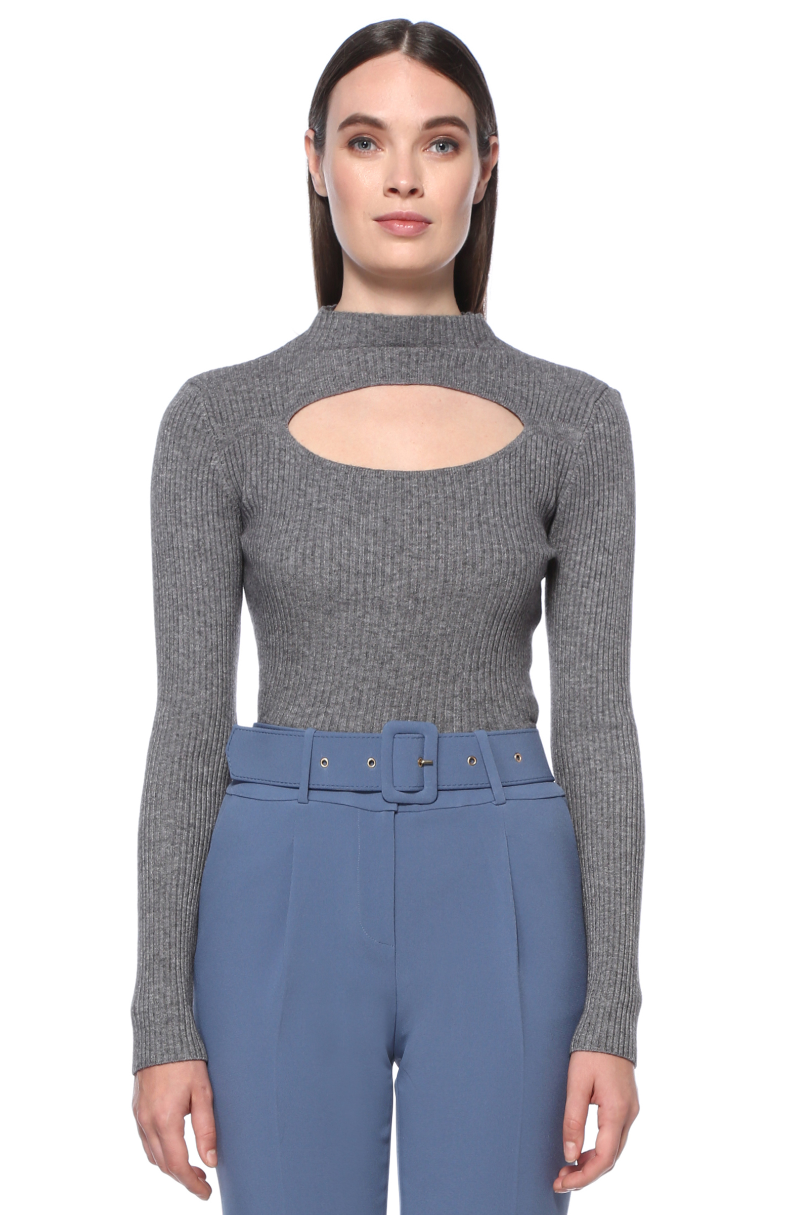 Slim Fit Gri Lazer Kesim Detaylı Ribli Kazak Slim Fit Gri Lazer Kesim Detaylı Ribli Kazak