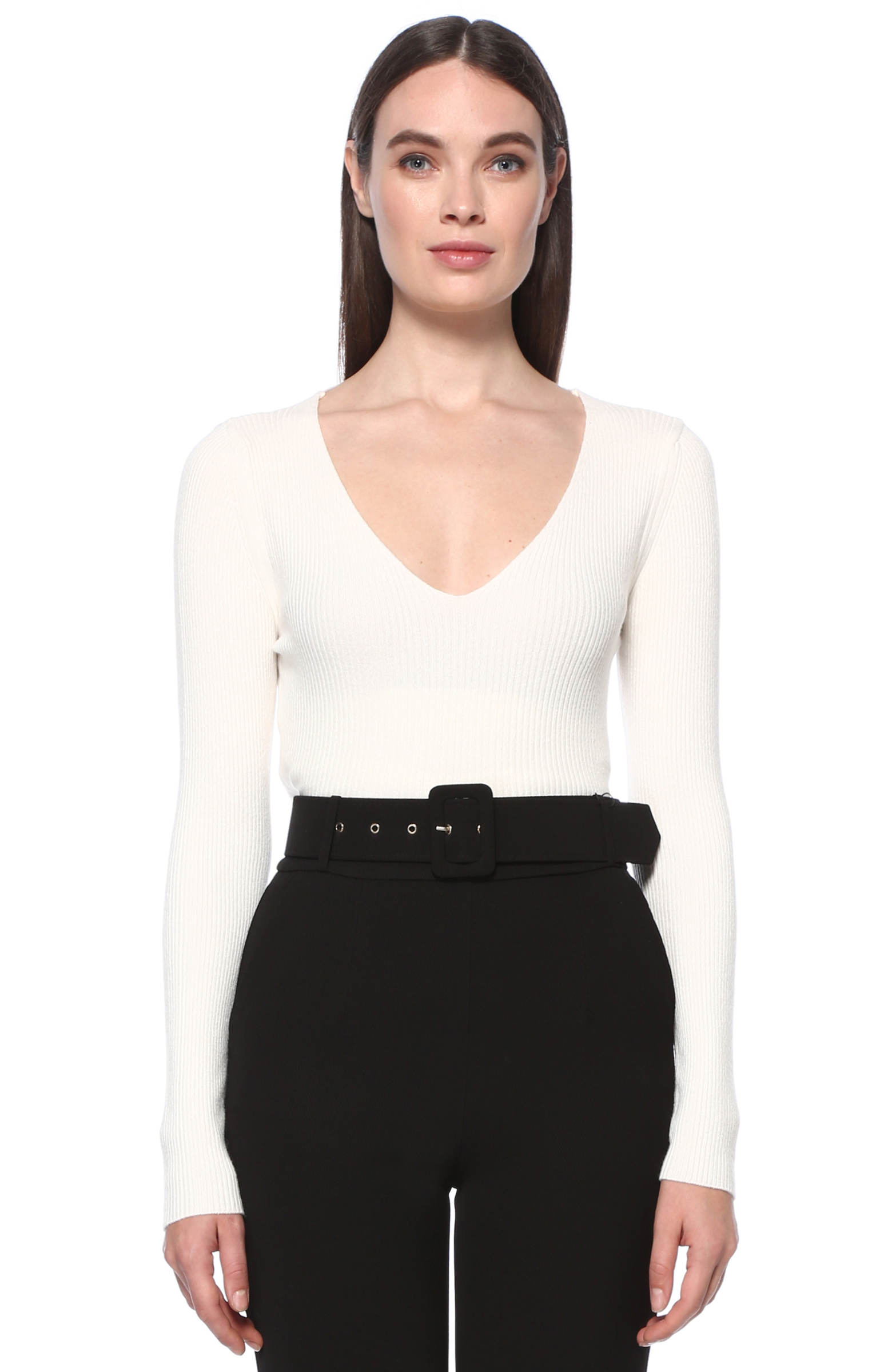 Slim Fit Ekru V Yaka Ribli Kazak Slim Fit Ekru V Yaka Ribli Kazak