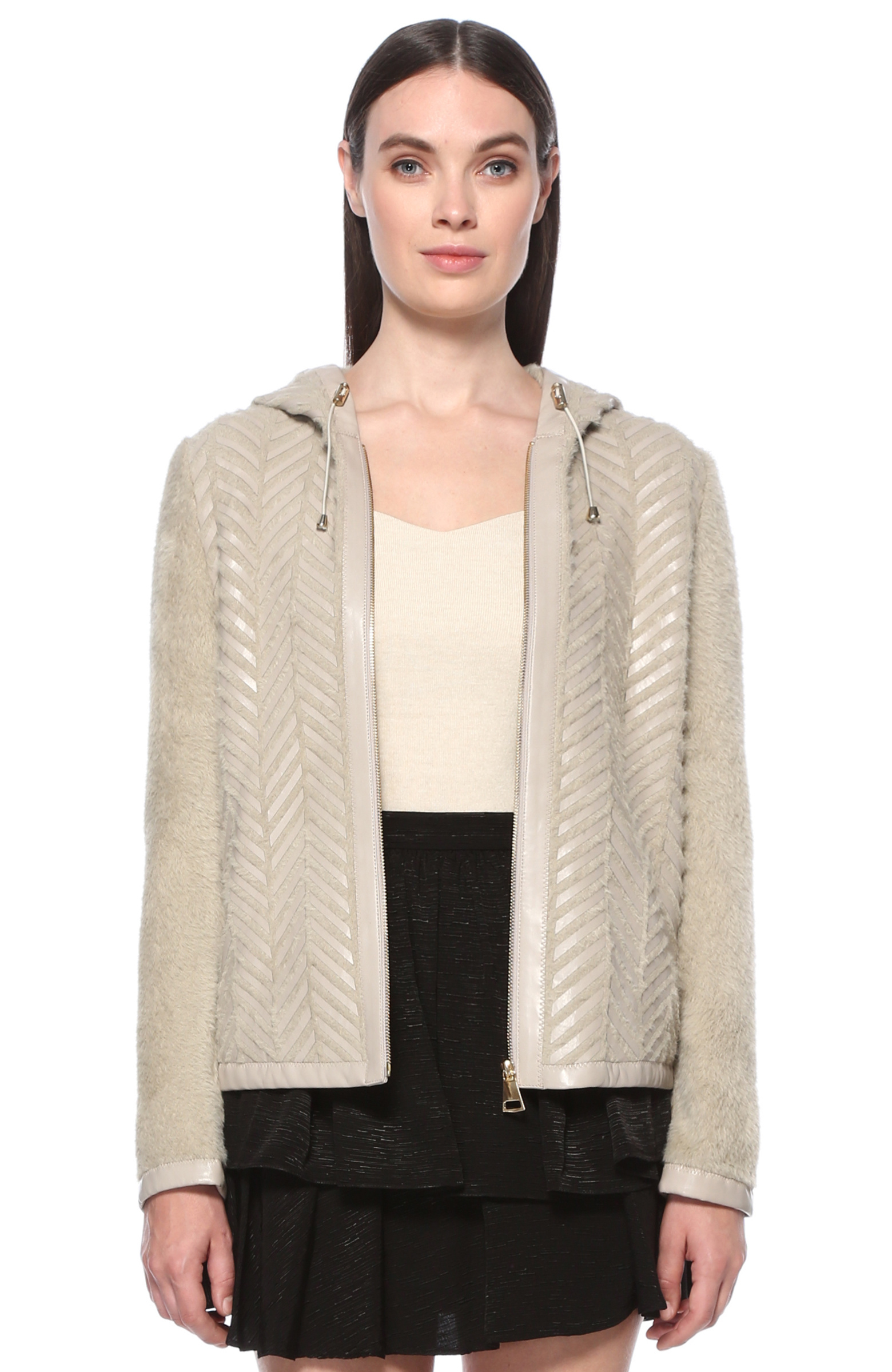 Slim Fit Bej Kapüşonlu Deri Mont