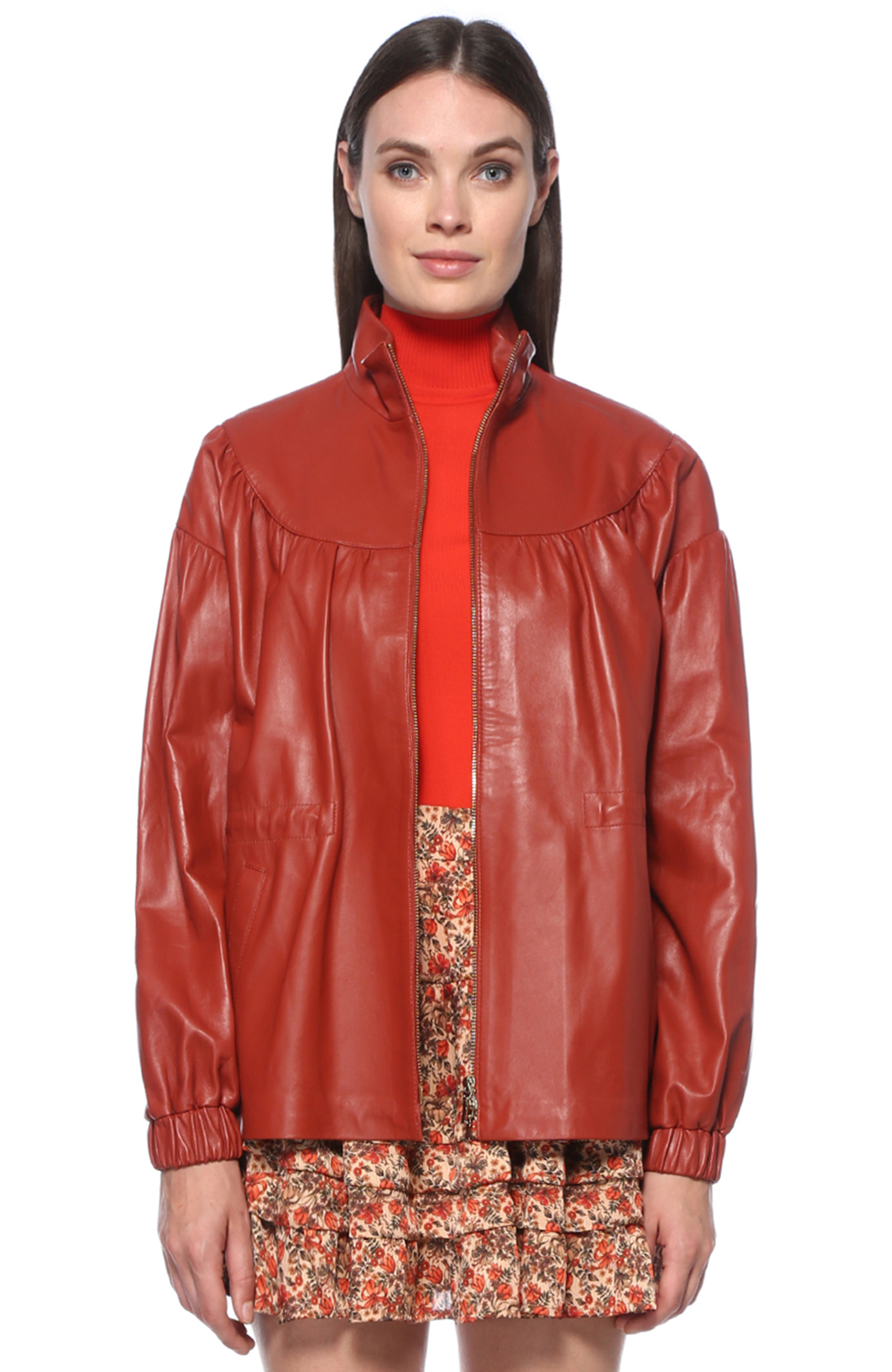Regular Fit Turuncu Dik Yaka Deri Mont Regular Fit Turuncu Dik Yaka Deri Mont