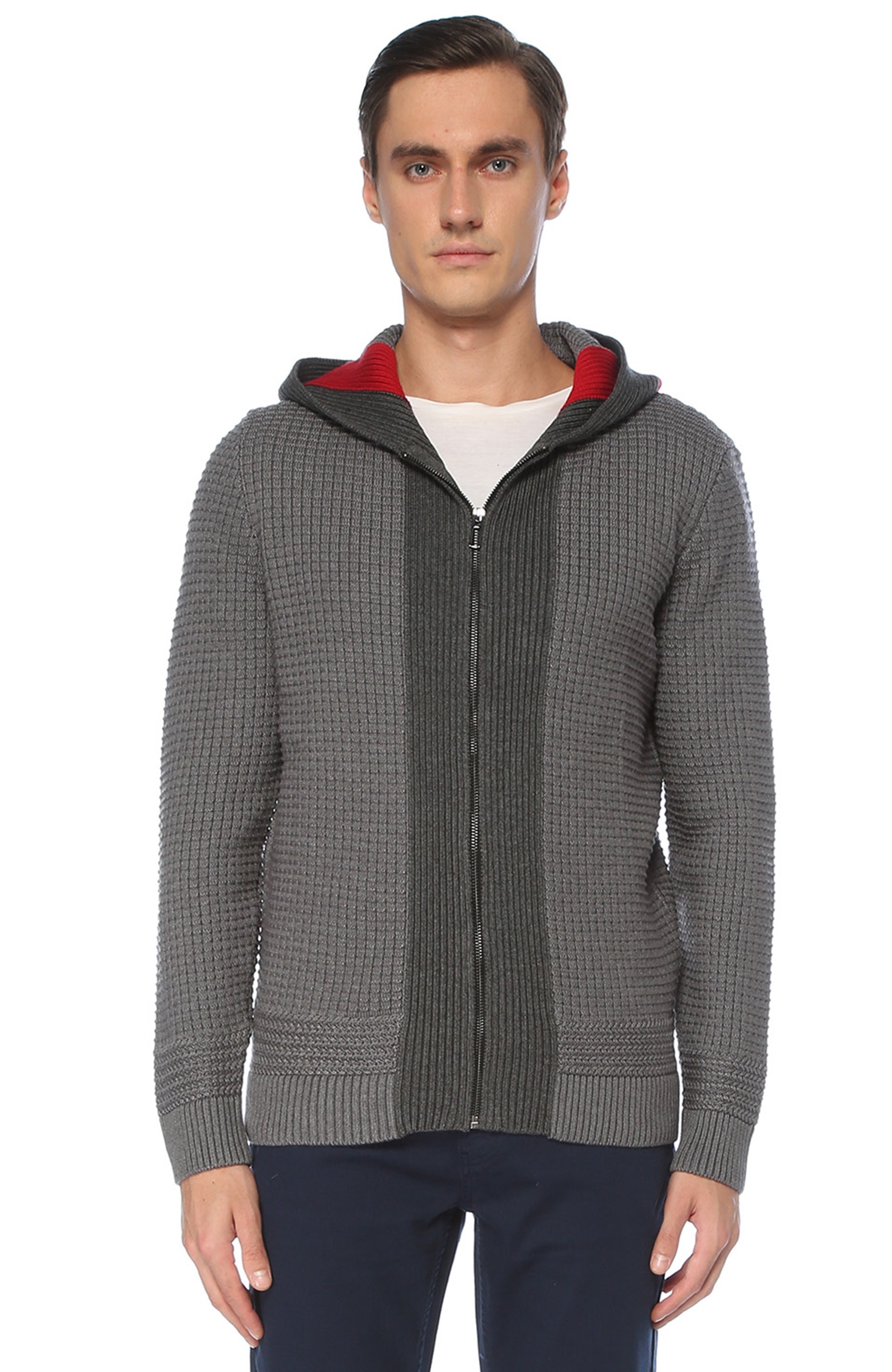 Gri Kapüşonlu Dokulu Triko Mont Gri Kapüşonlu Dokulu Triko Mont