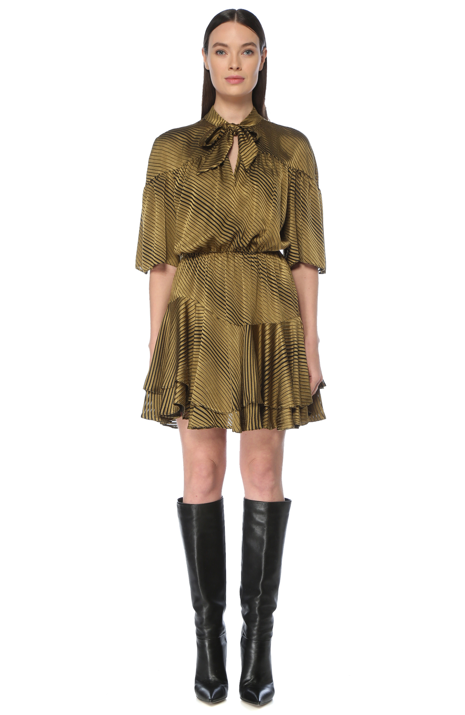 Haki Çizgili Mini Elbise