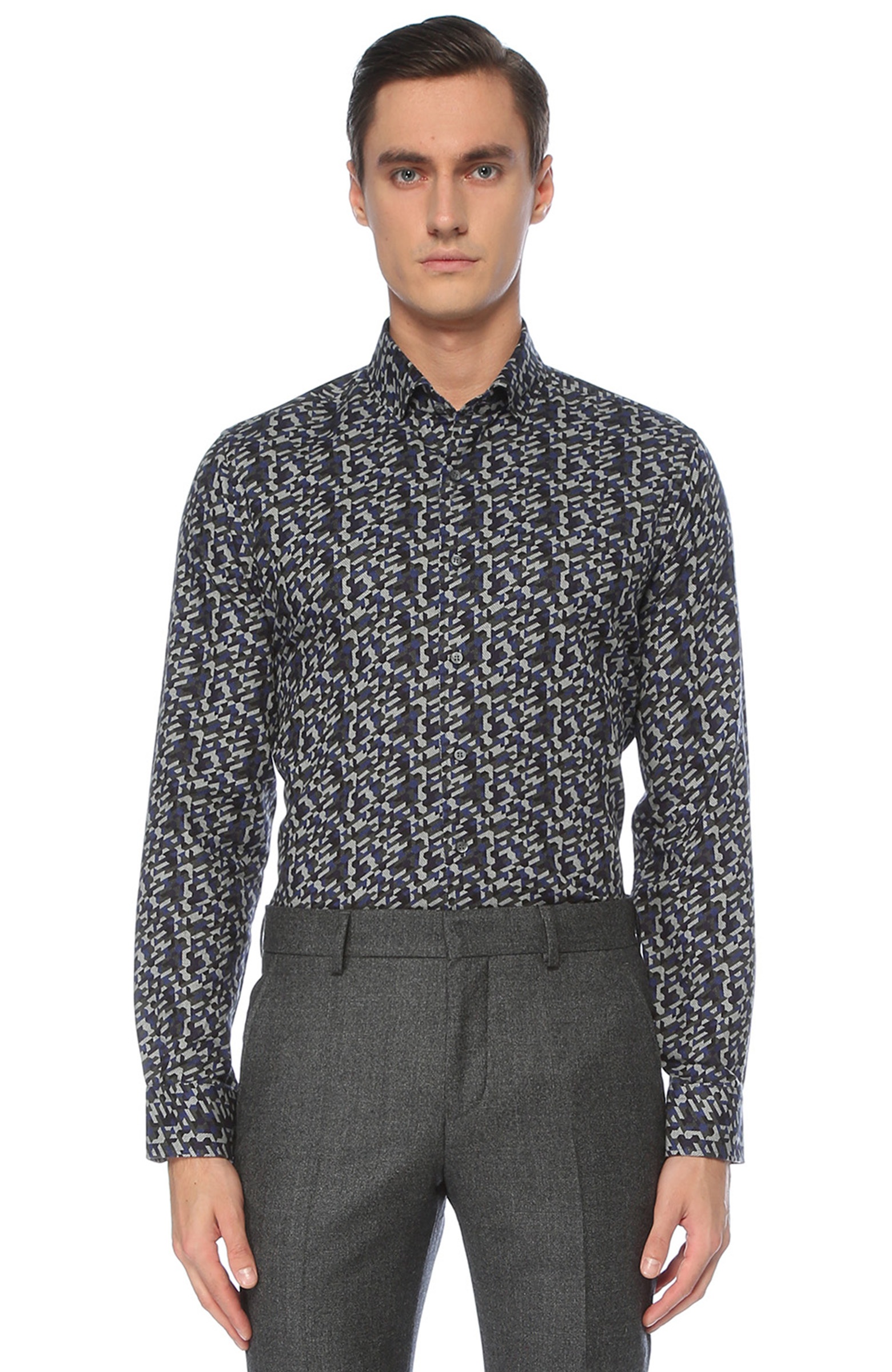 Slim Fit Lacivert Geometrik Desenli Gömlek Slim Fit Lacivert Geometrik Desenli Gömlek