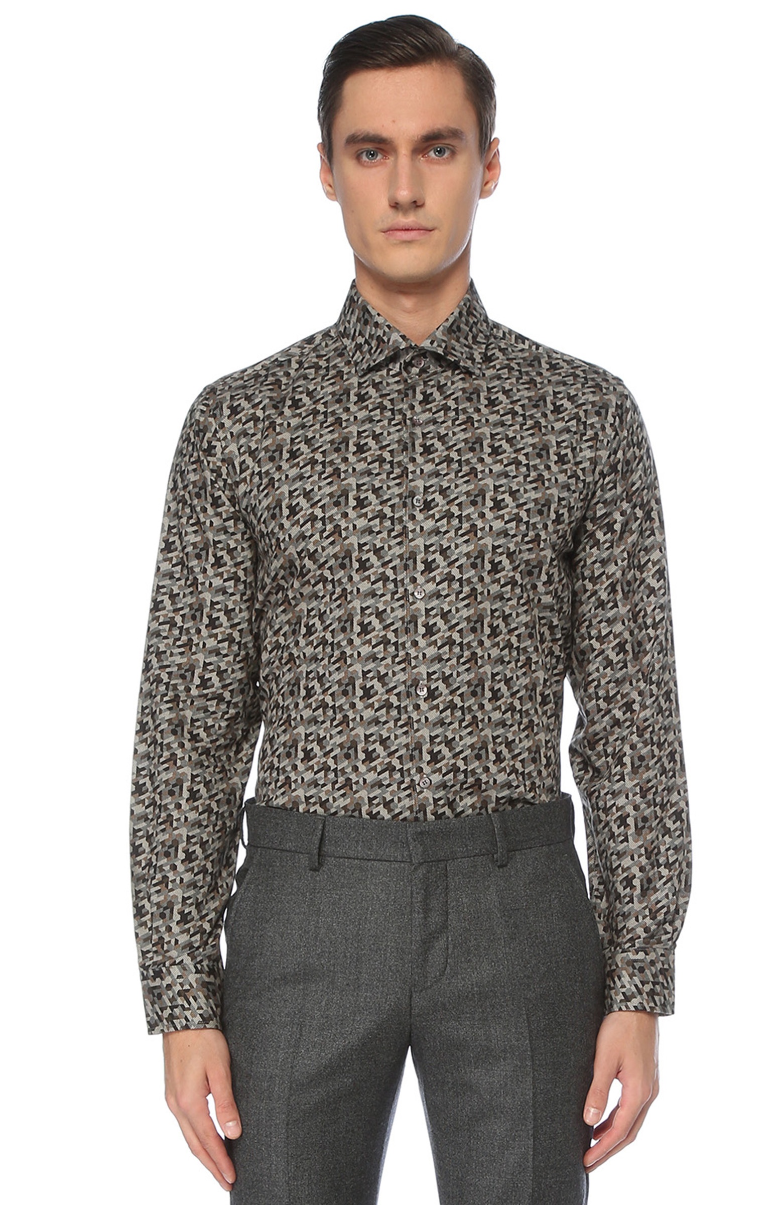 Slim Fit Gri Geometrik Desenli Gömlek Slim Fit Gri Geometrik Desenli Gömlek