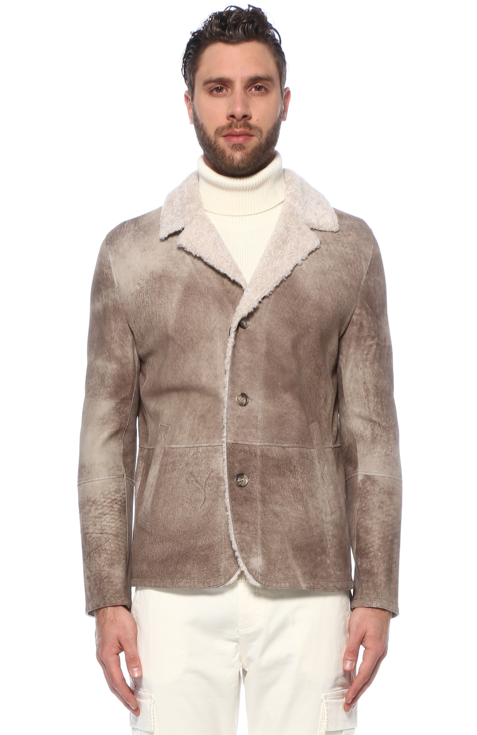 Bej Doku Detaylı Deri Ceket Bej Doku Detaylı Deri Ceket