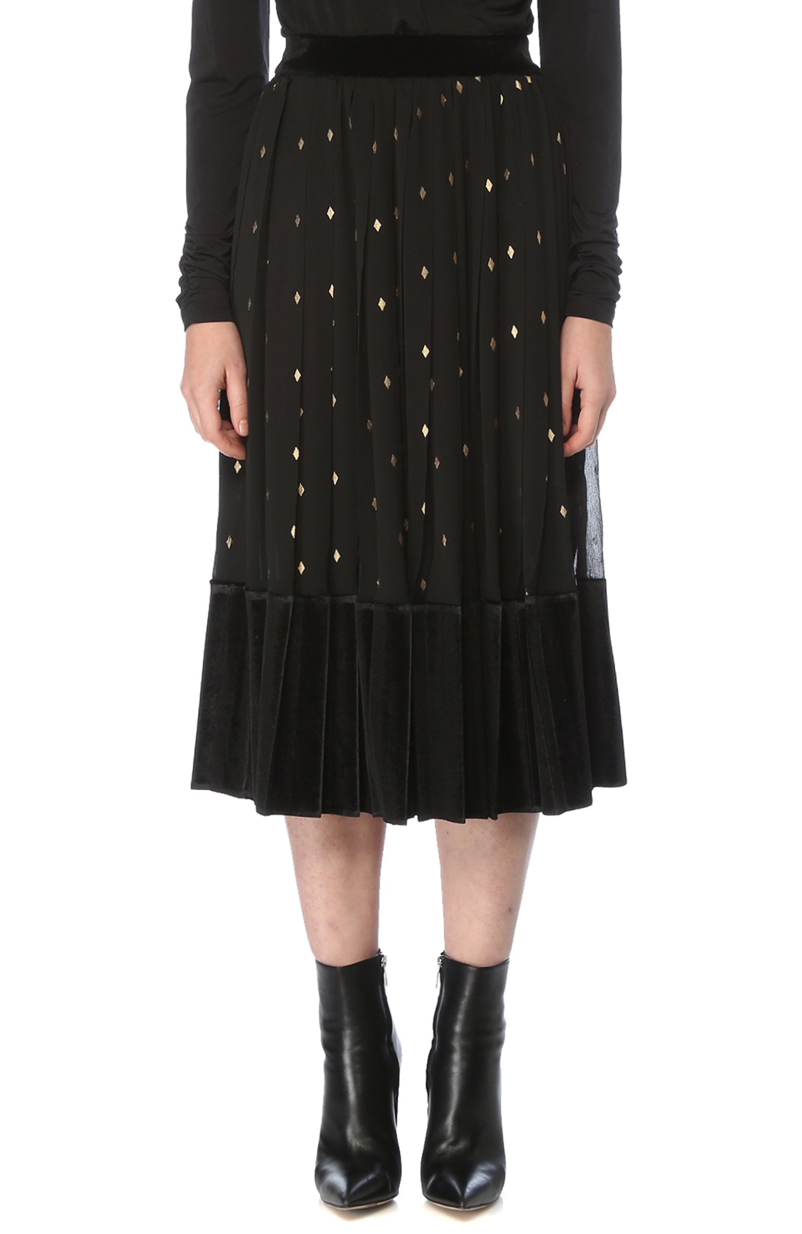 Regular Fit Siyah Desenli Pilili Midi Etek