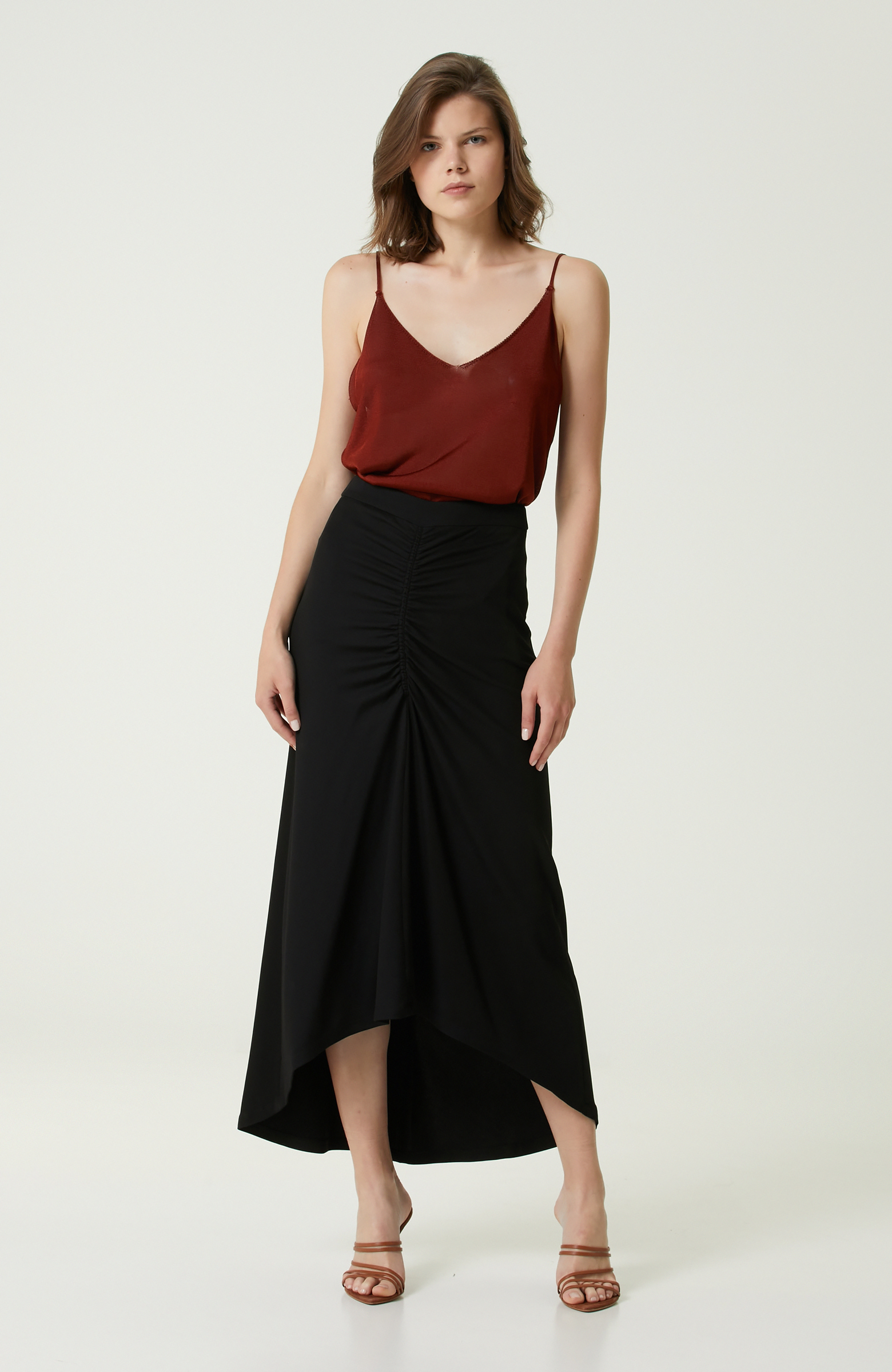 Slim Fit Siyah Drapeli Midi Etek Slim Fit Siyah Drapeli Midi Etek