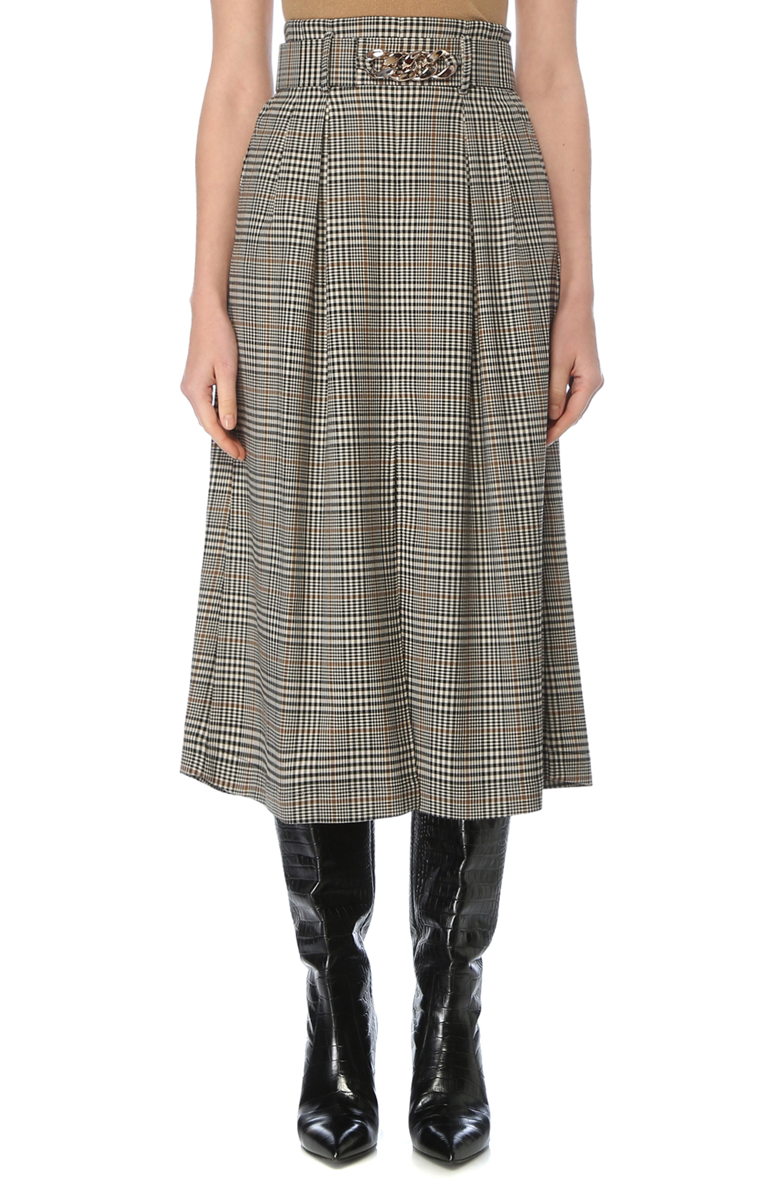 Bej Siyah Ekoseli Pilili Midi Etek Bej Siyah Ekoseli Pilili Midi Etek