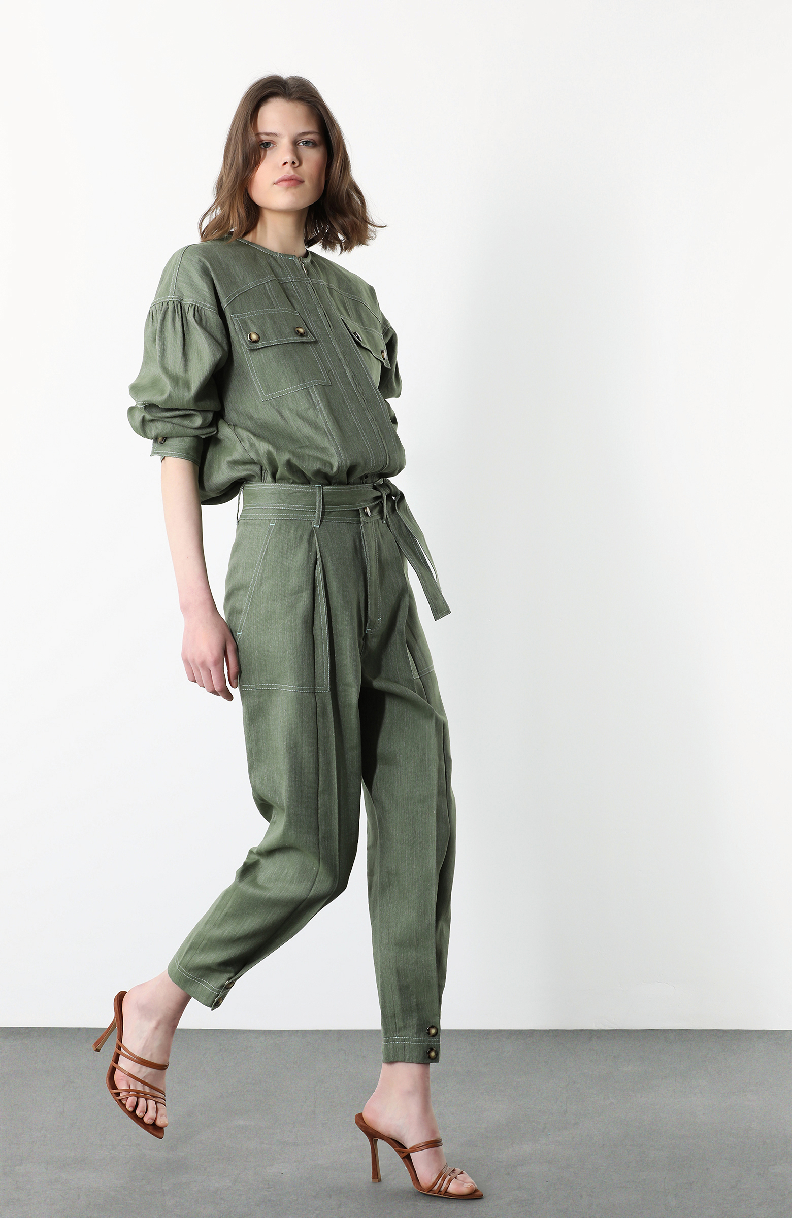 Regular Fit Haki Beli Kuşaklı Keten Ceket