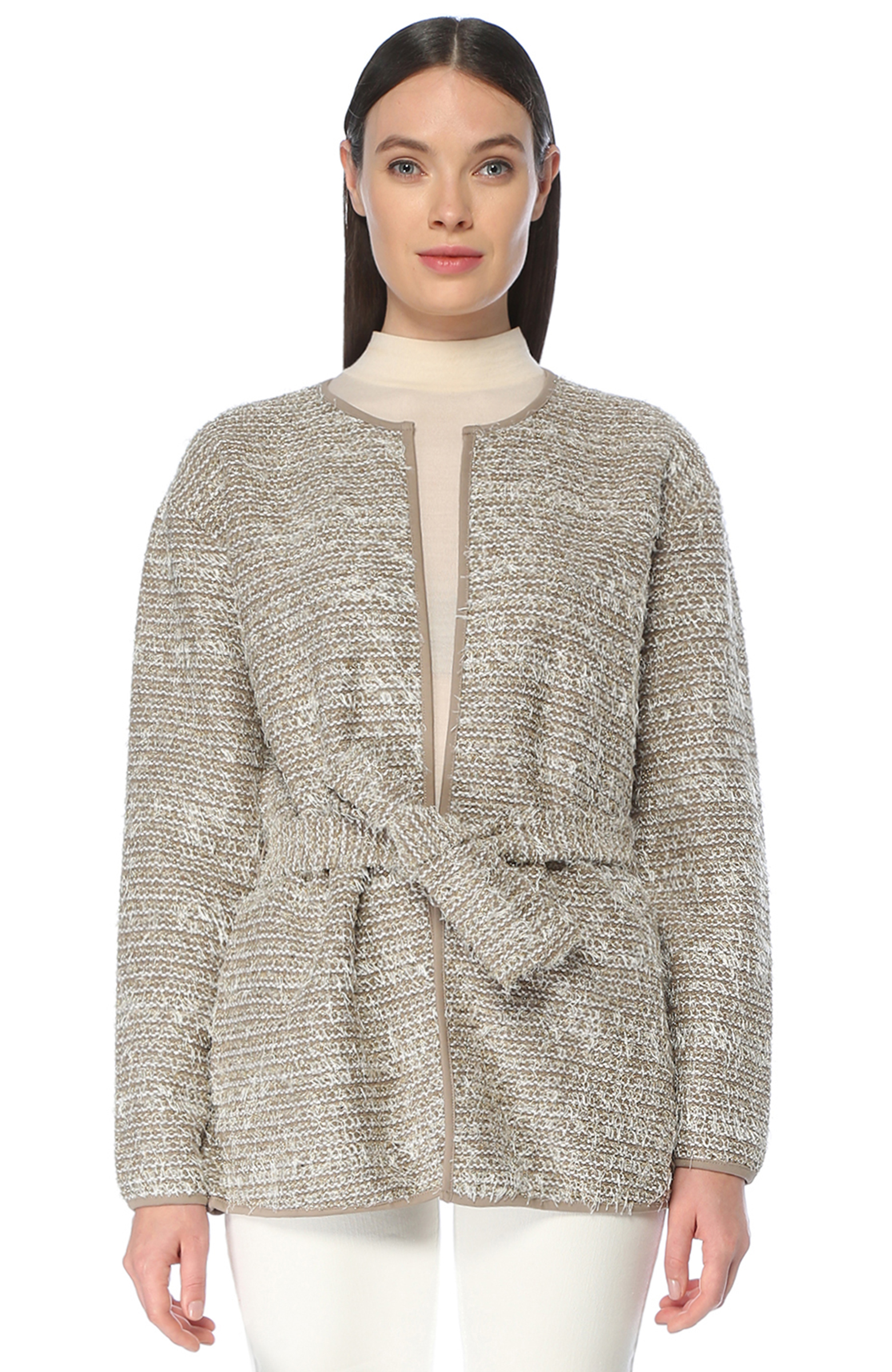 Vizon Bisiklet Yaka Beli Bağcıklı Tweed Ceket Vizon Bisiklet Yaka Beli Bağcıklı Tweed Ceket