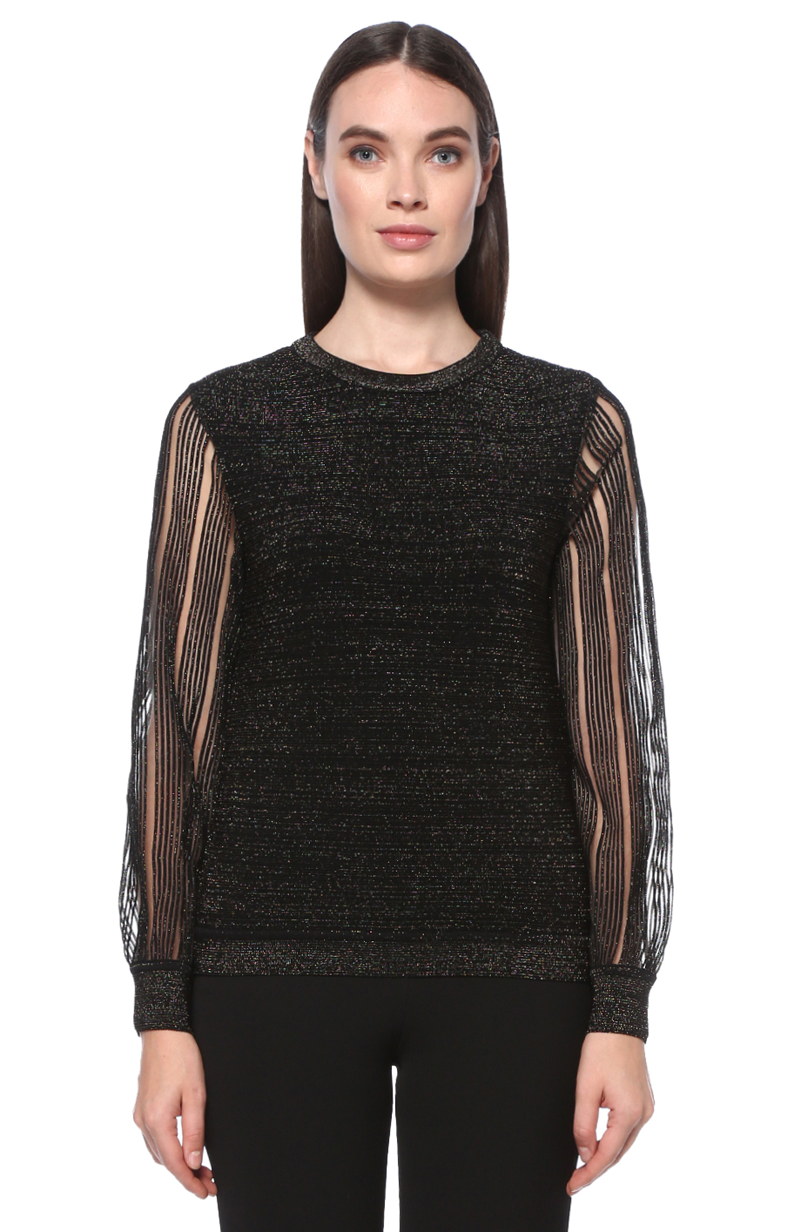 Regular Fit Siyah Kolları Transparan Detaylı Kazak Regular Fit Siyah Kolları Transparan Detaylı Kazak