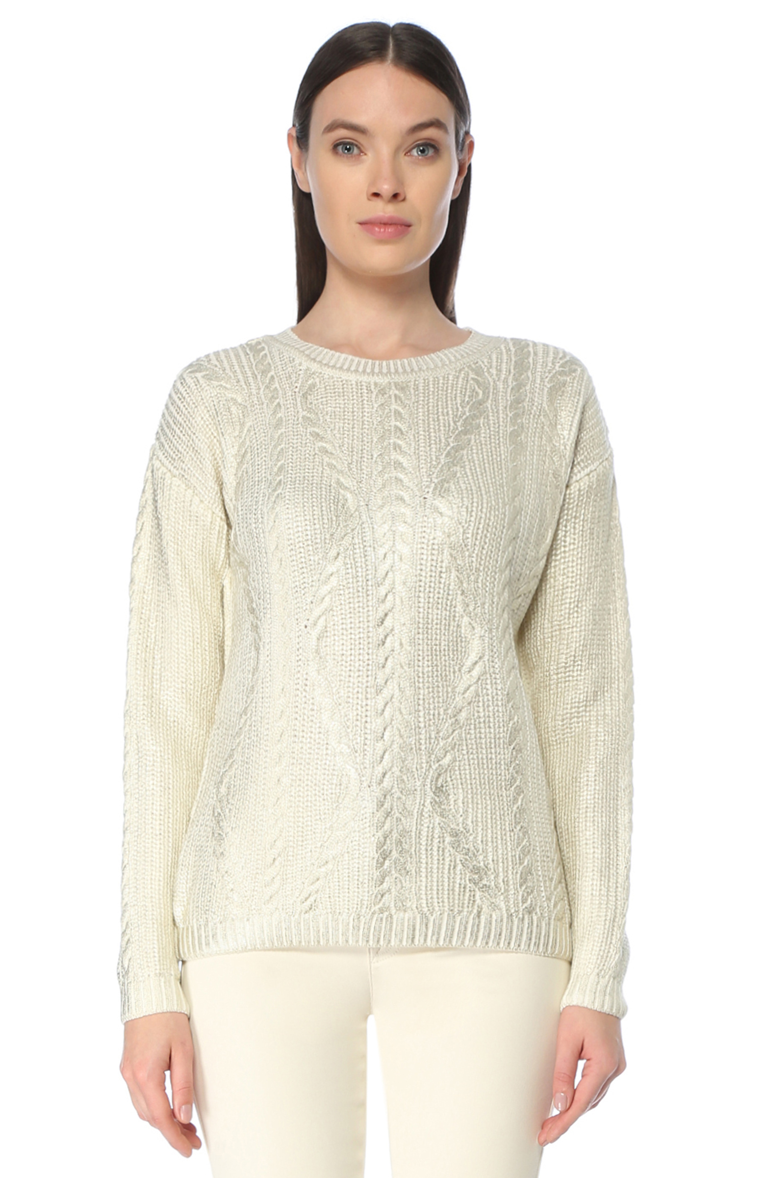 Ekru Bisiklet Yaka Örgü Dokulu Kazak