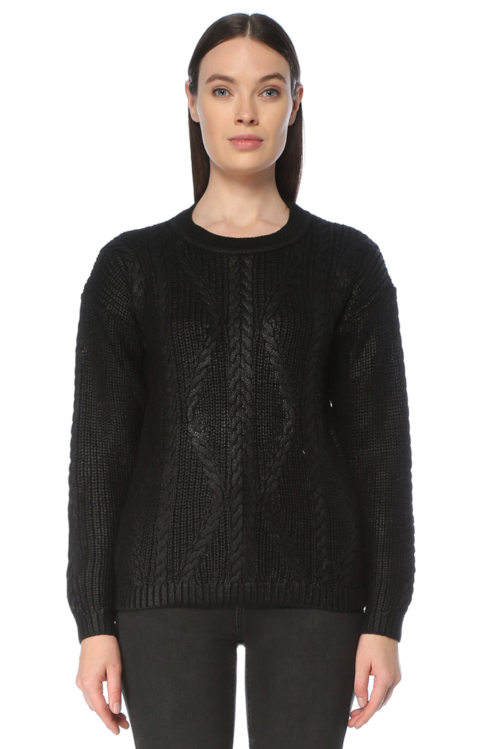 Siyah Bisiklet Yaka Örgü Dokulu Kazak