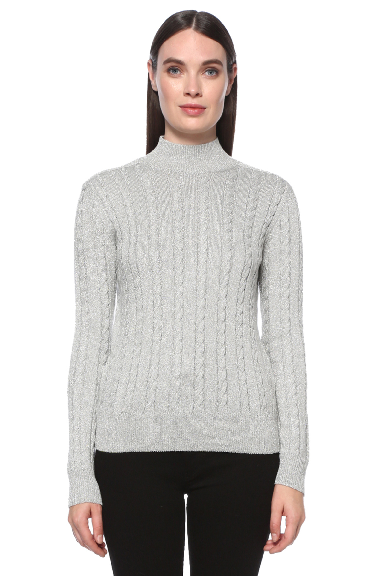 Regular Fit Silver Saç Örgüsü Dokulu Kazak Regular Fit Silver Saç Örgüsü Dokulu Kazak