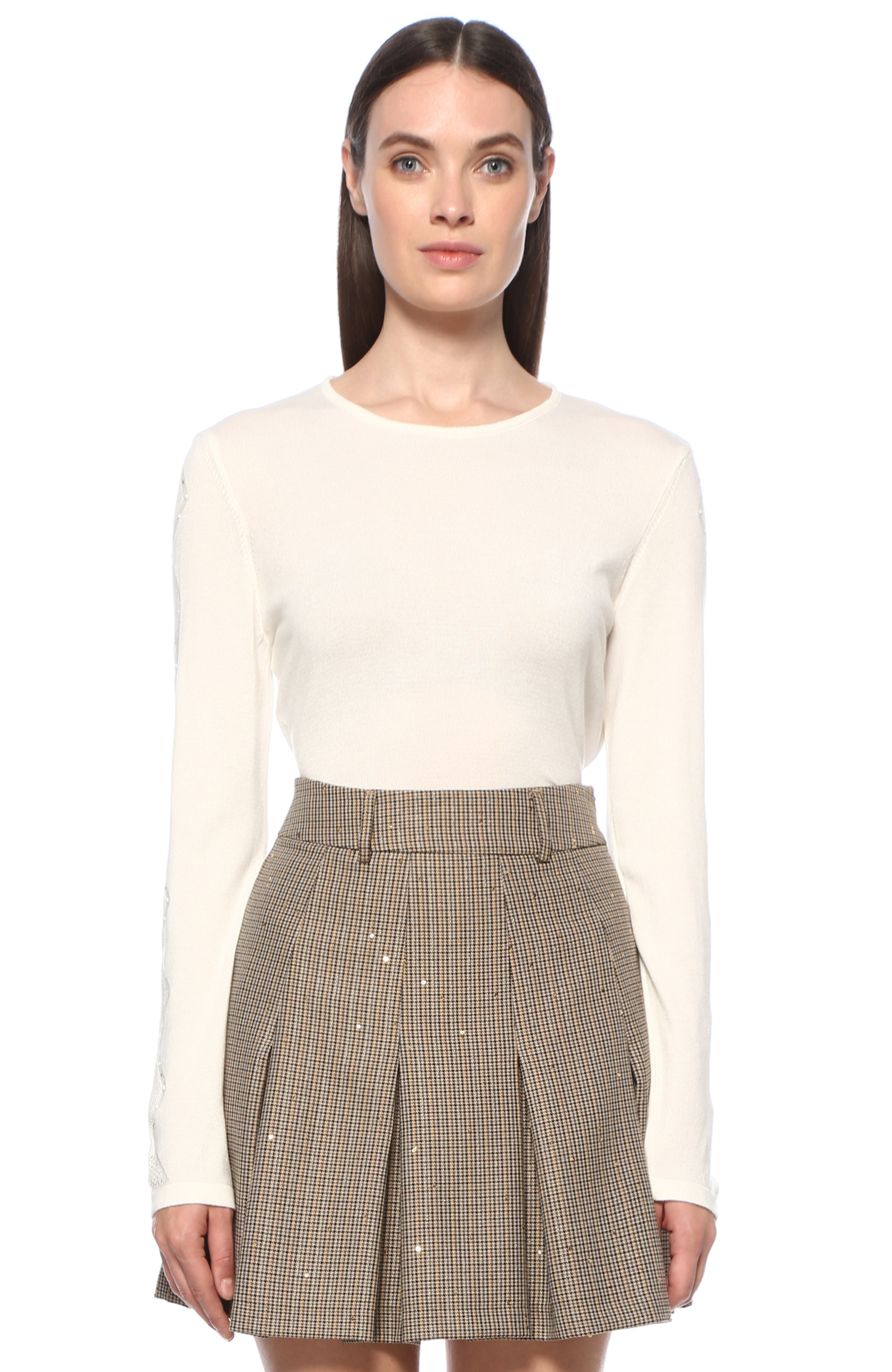 Slim Fit Ekru Bisiklet Yaka İşlemeli Kazak Slim Fit Ekru Bisiklet Yaka İşlemeli Kazak