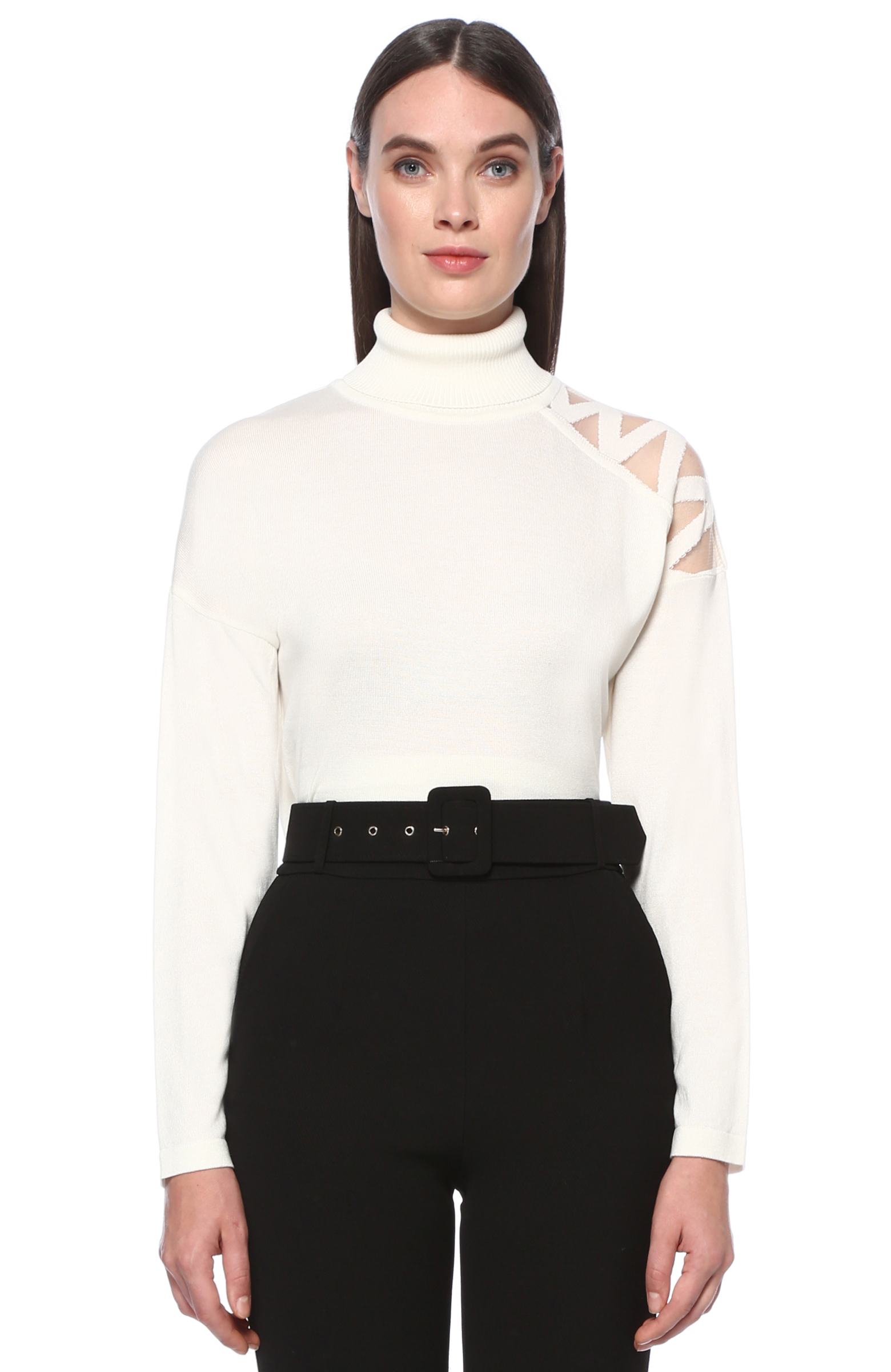 Slim Fit Beyaz Omuz Detaylı Kazak Slim Fit Beyaz Omuz Detaylı Kazak