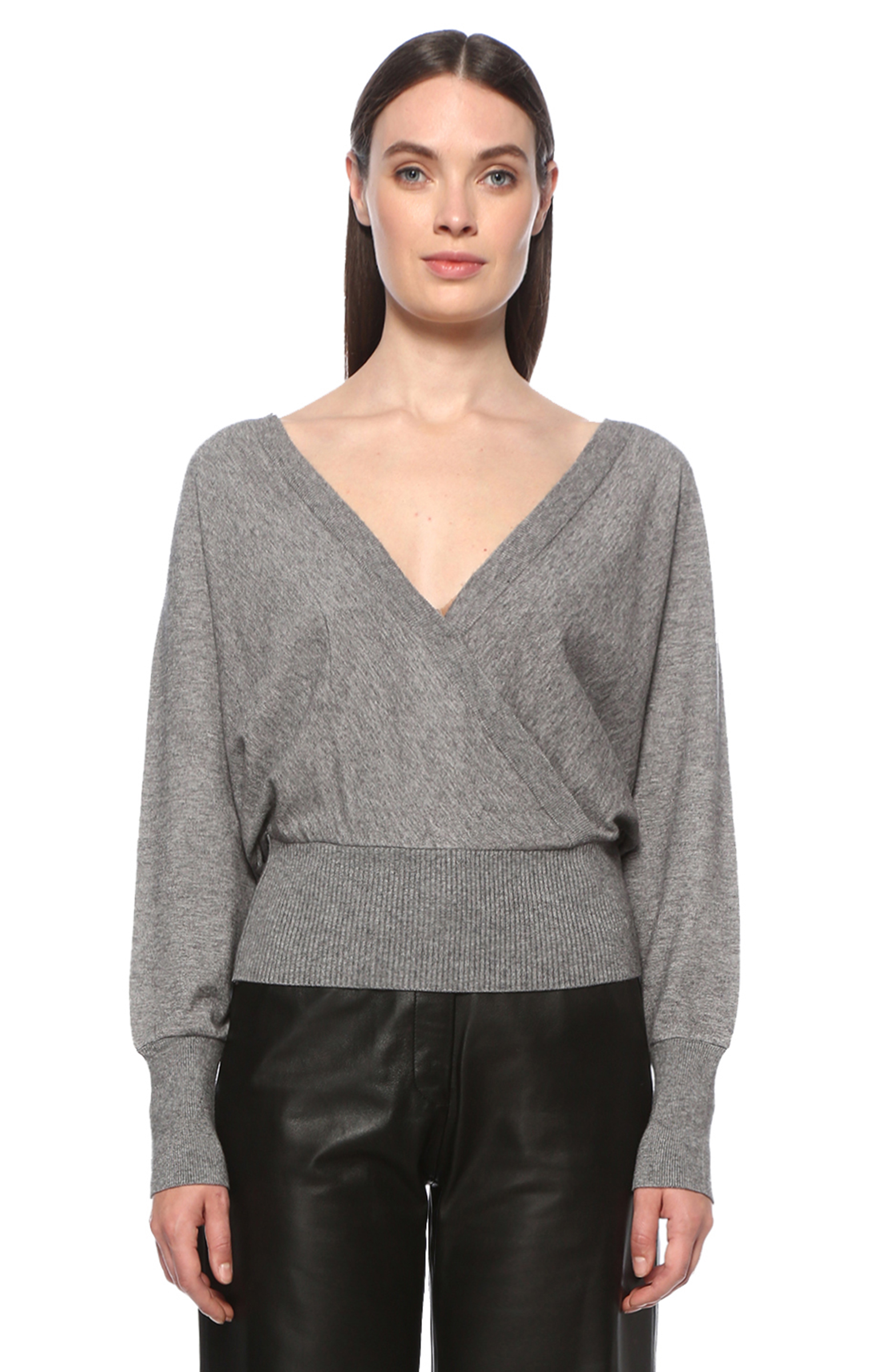 Regular Fit Gri Melanj Sırt Dekolteli Kazak