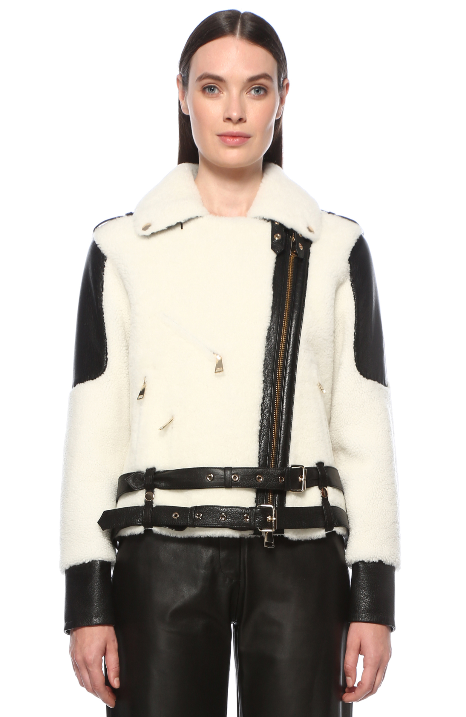 Slim Fit Beyaz Siyah Kemerli Deri Mont Slim Fit Beyaz Siyah Kemerli Deri Mont