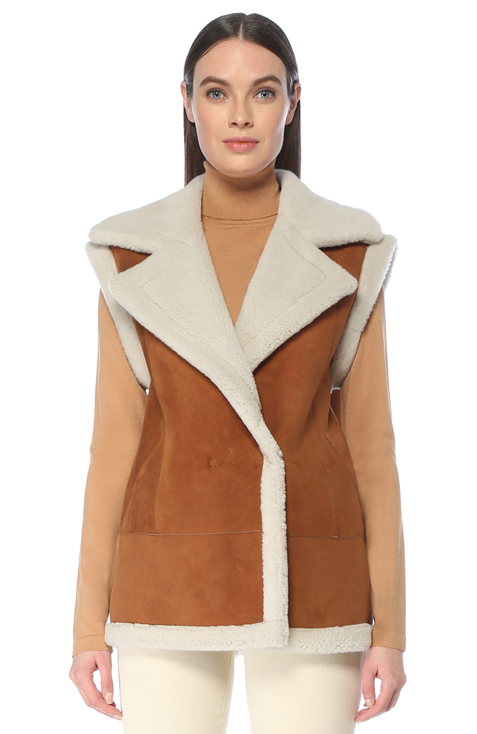 Slim Fit Taba Shearlingli Kelebek Yaka Deri Yelek Slim Fit Taba Shearlingli Kelebek Yaka Deri Yelek