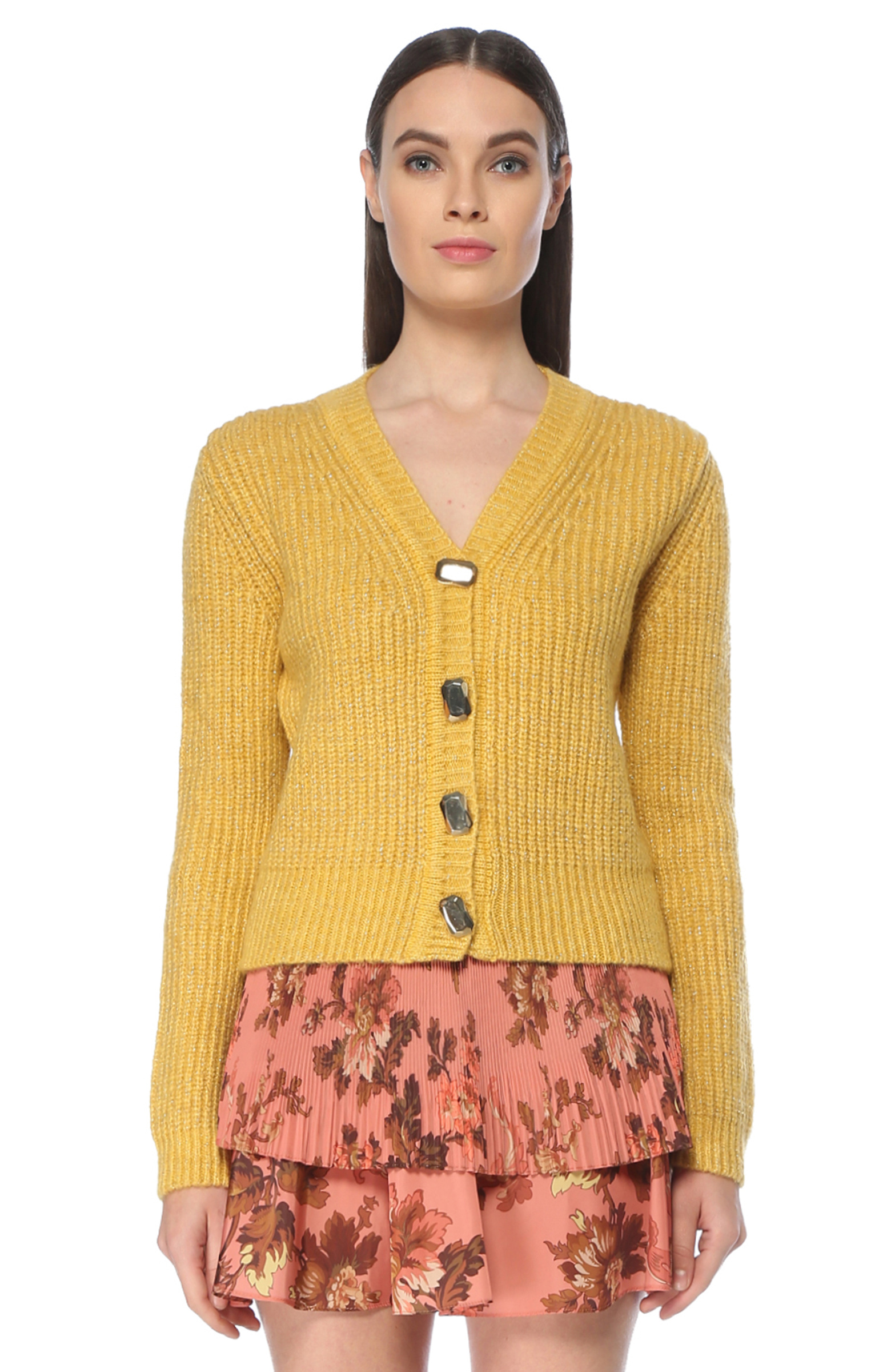 Sarı V Yaka Düğme Detaylı Hırka