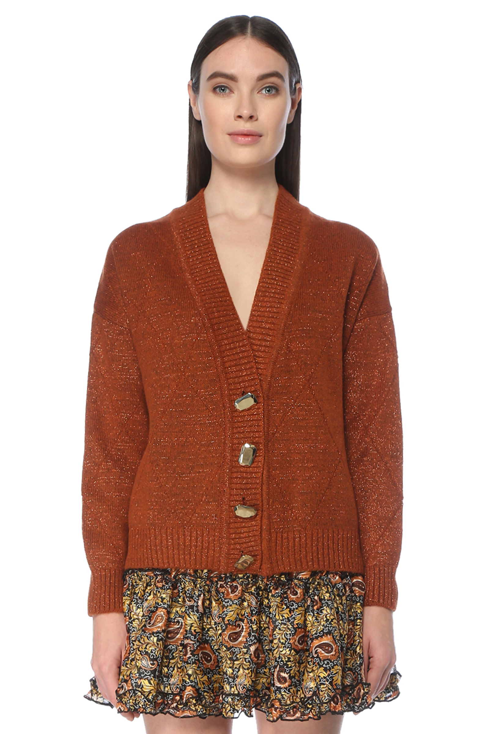 Slim Fit Kahverengi V Yaka Sim Dokulu Hırka Slim Fit Kahverengi V Yaka Sim Dokulu Hırka