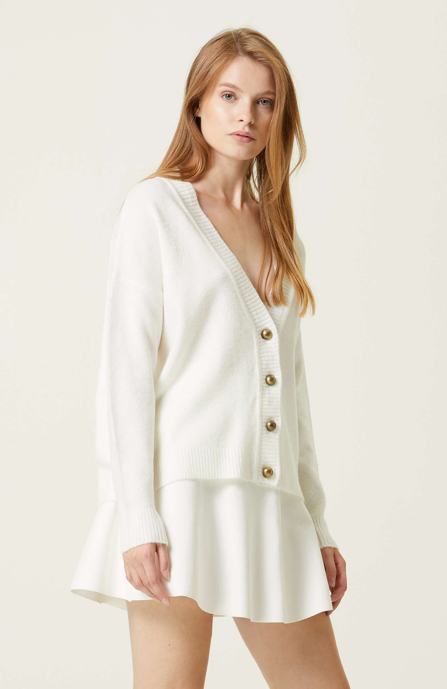 Slim Fit Ekru V Yaka Hırka