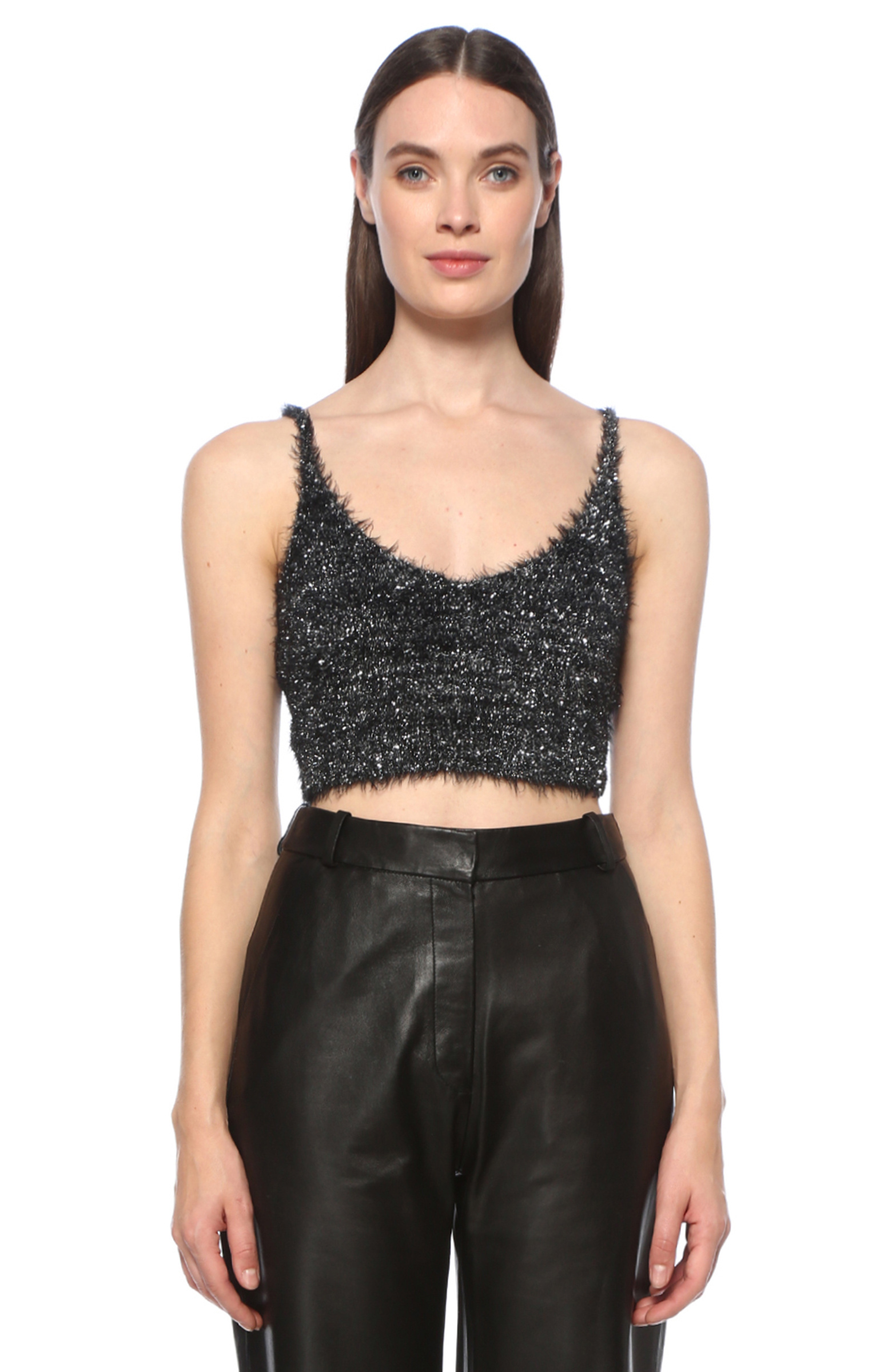 Slim Fit Gri Sim Dokulu Crop Bluz Slim Fit Gri Sim Dokulu Crop Bluz