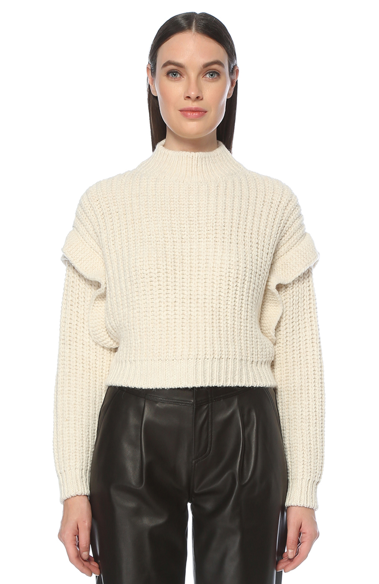 Ekru Dik Yaka Kolu Volanlı Kazak