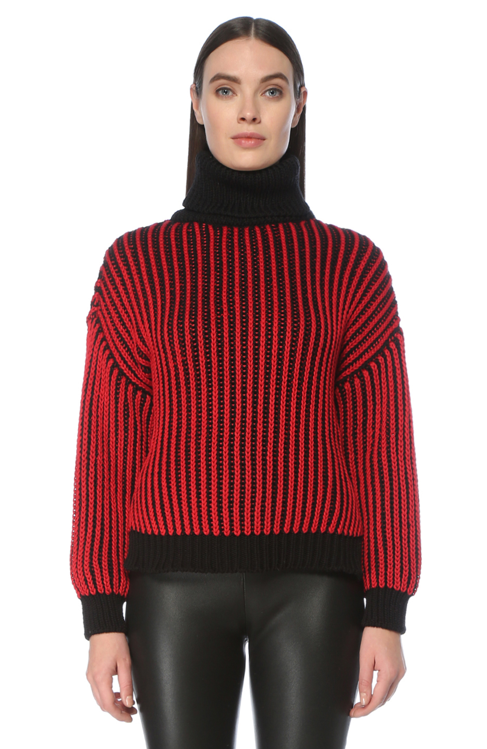 Kırmızı Siyah Balıkçı Yaka Çizgili Kazak