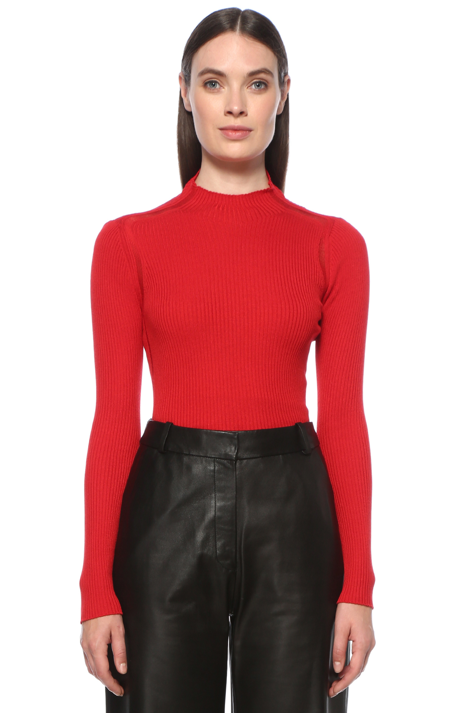 Slim Fit Kırmızı Dik Yaka Çizgi Dokulu Kazak Slim Fit Kırmızı Dik Yaka Çizgi Dokulu Kazak