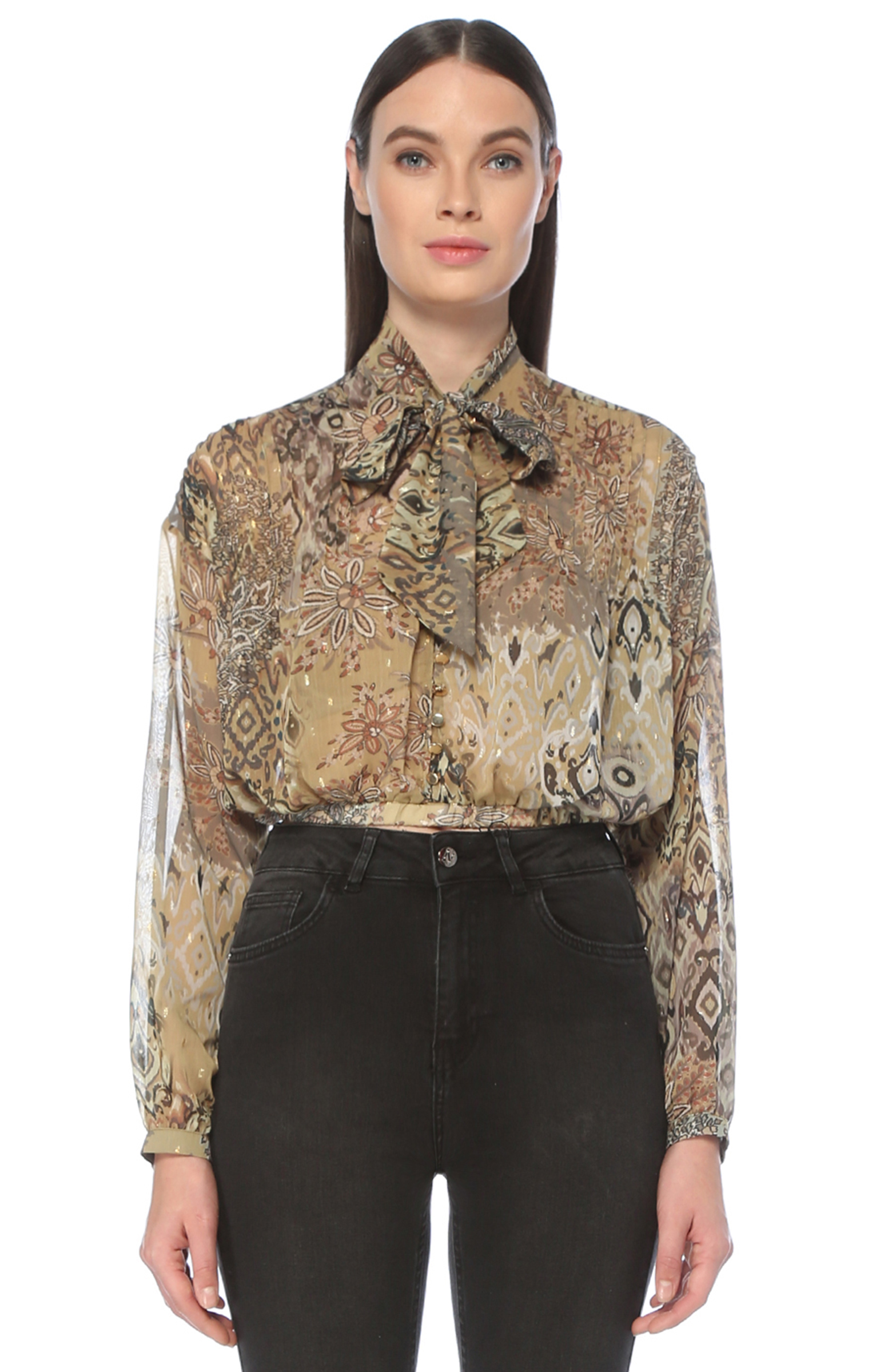 Taba Karışık Desenli Crop Bluz Taba Karışık Desenli Crop Bluz