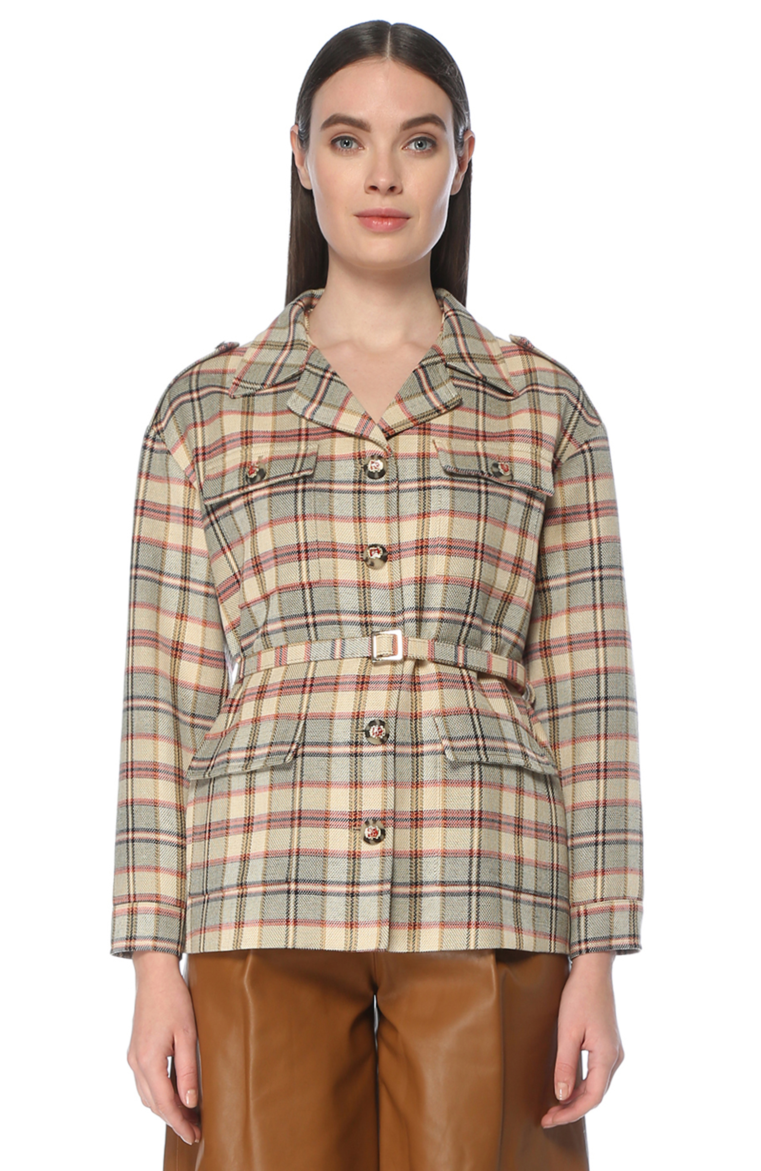 Slim Fit Ekose Desenli Kelebek Yaka Ceket