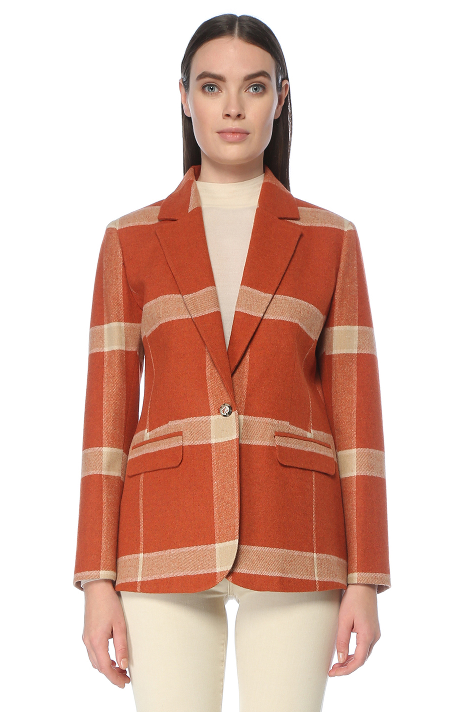 Slim Fit Bej Ekoseli Ceket