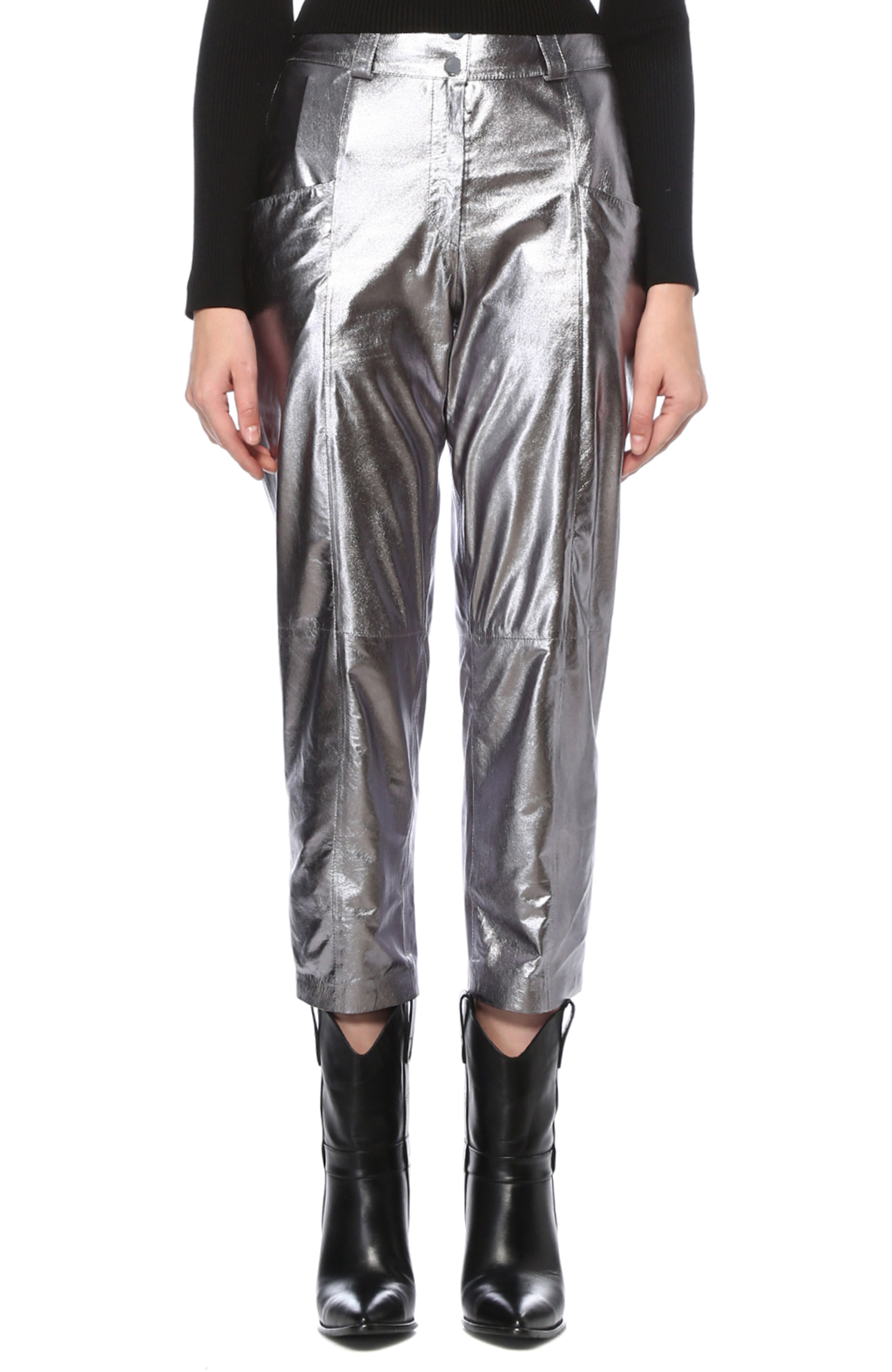 Slim Fit Gri Parlak Dokulu Deri Pantolon Slim Fit Gri Parlak Dokulu Deri Pantolon