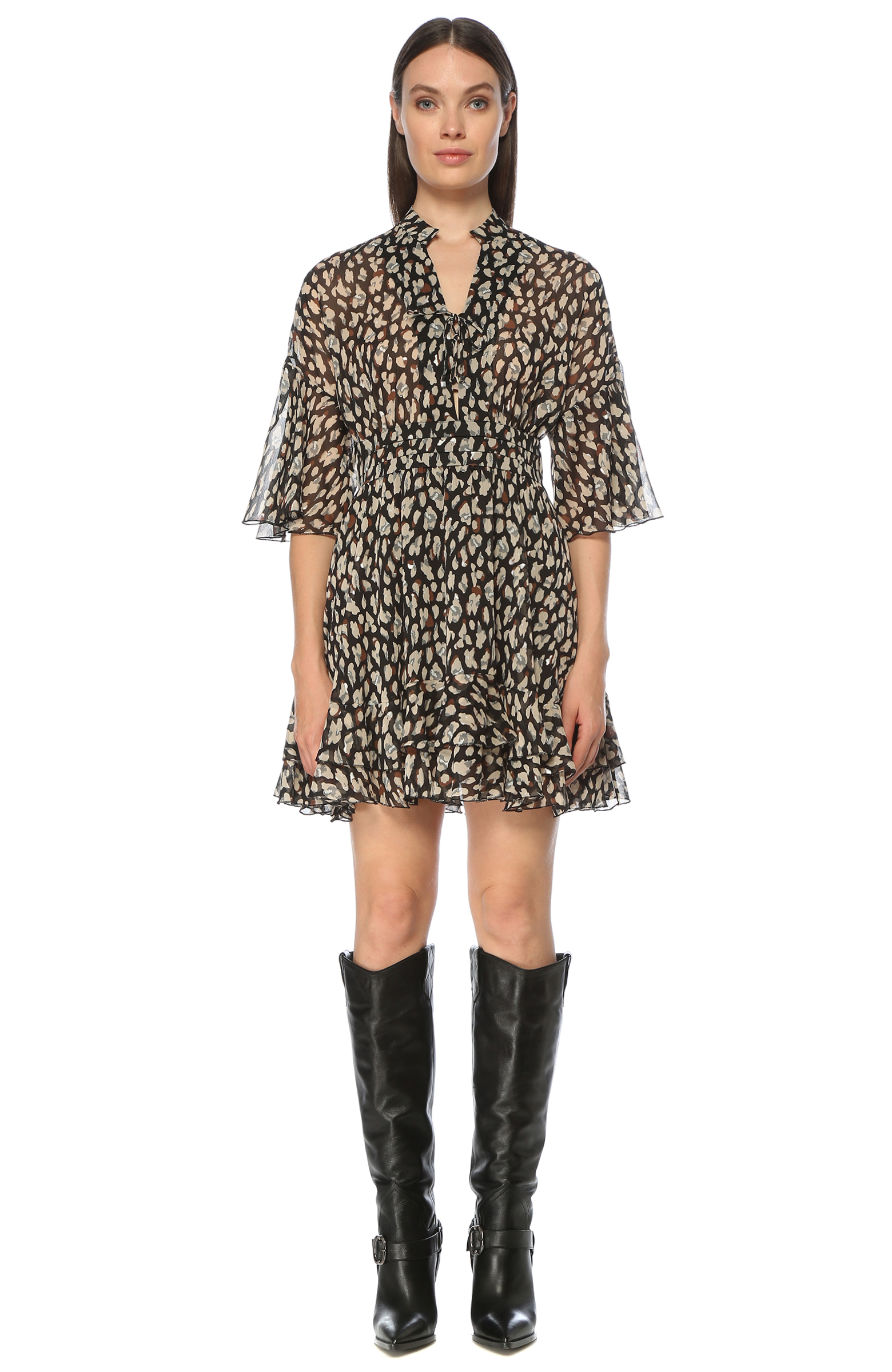 Bej Siyah Desenli Mini Elbise Bej Siyah Desenli Mini Elbise