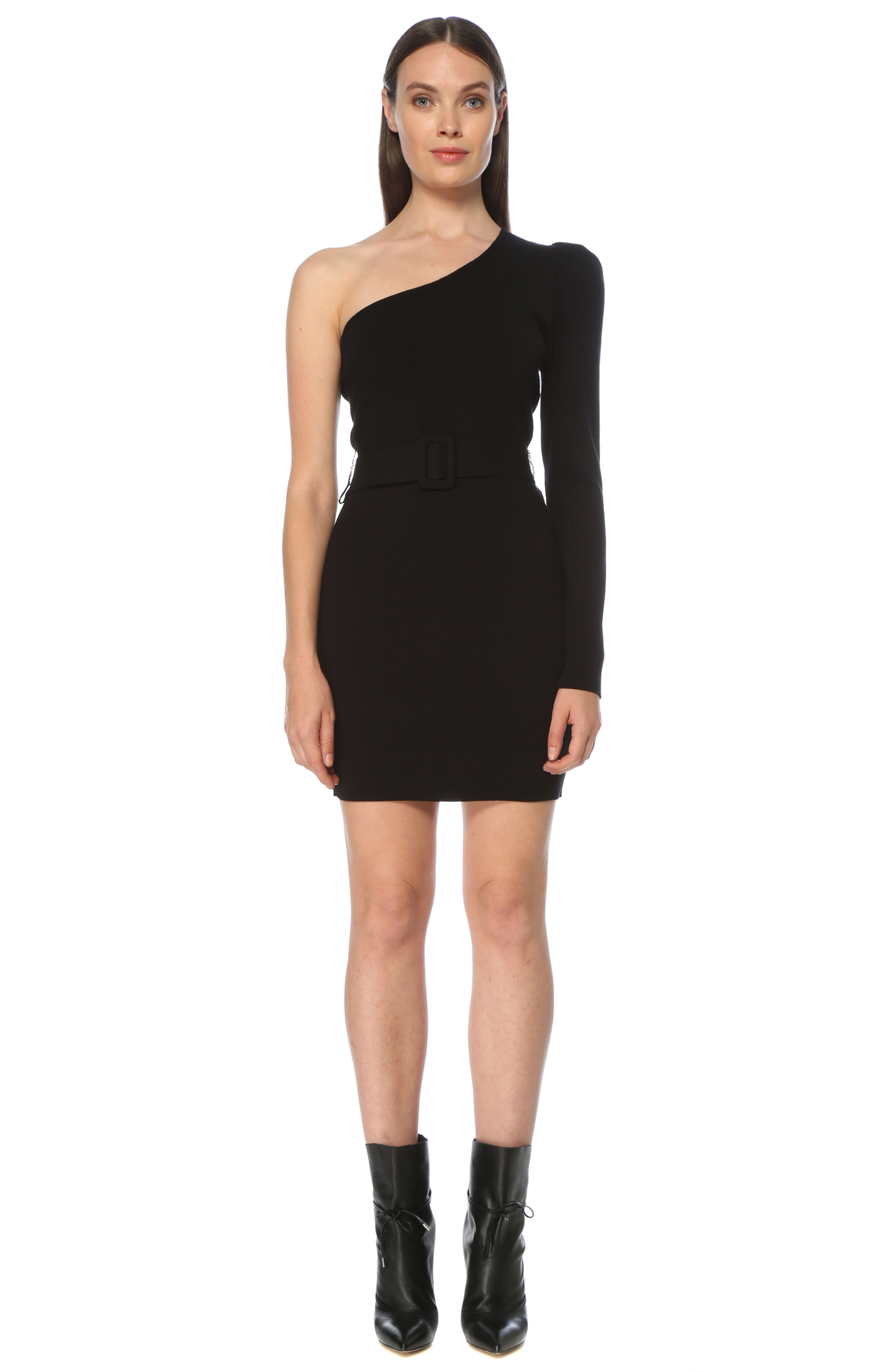 Slim Fit Siyah Tek Omuzlu Mini Triko Elbise Slim Fit Siyah Tek Omuzlu Mini Triko Elbise