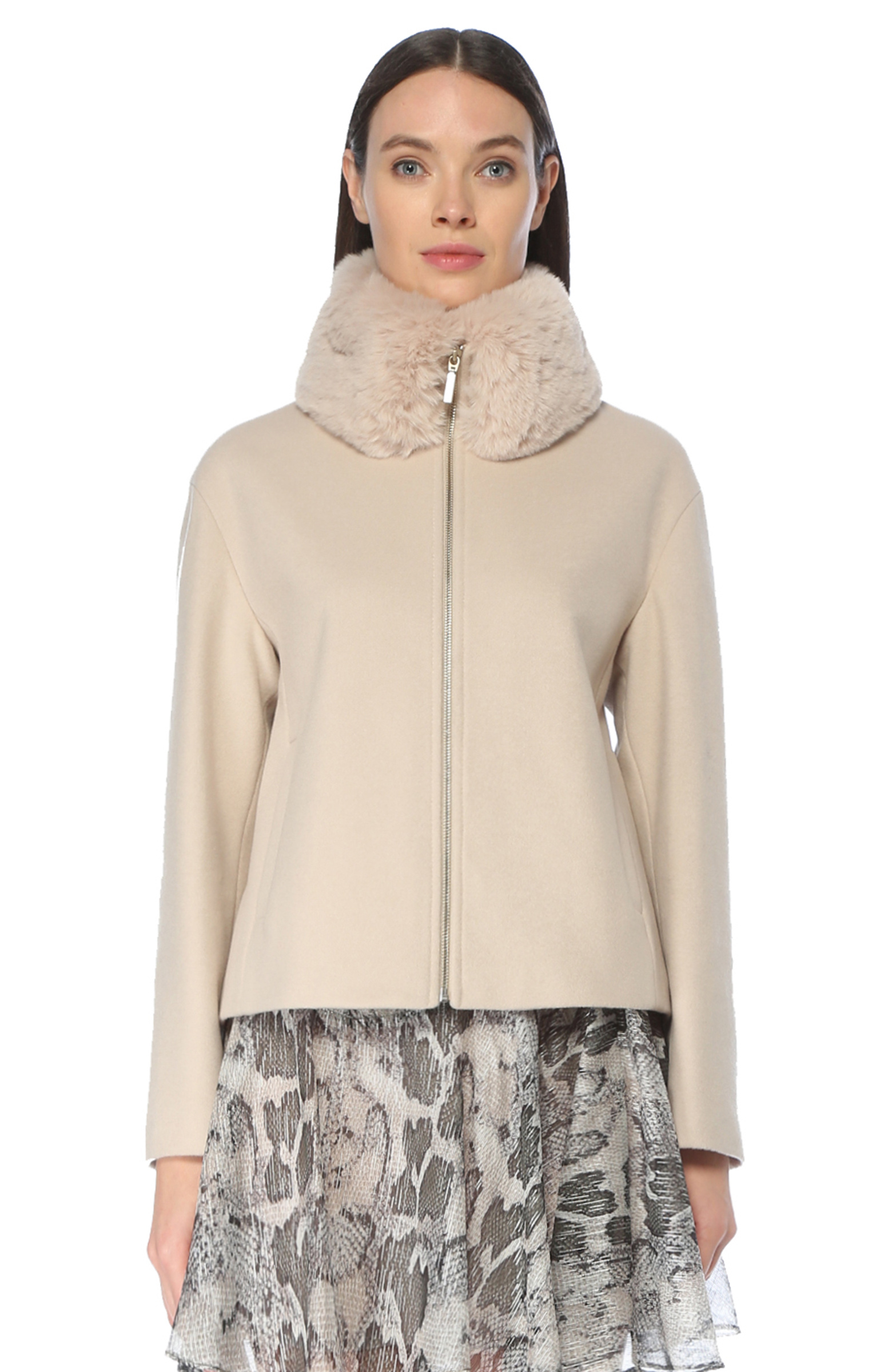 Slim Fit Ekru Peluş Detaylı Yün Mont